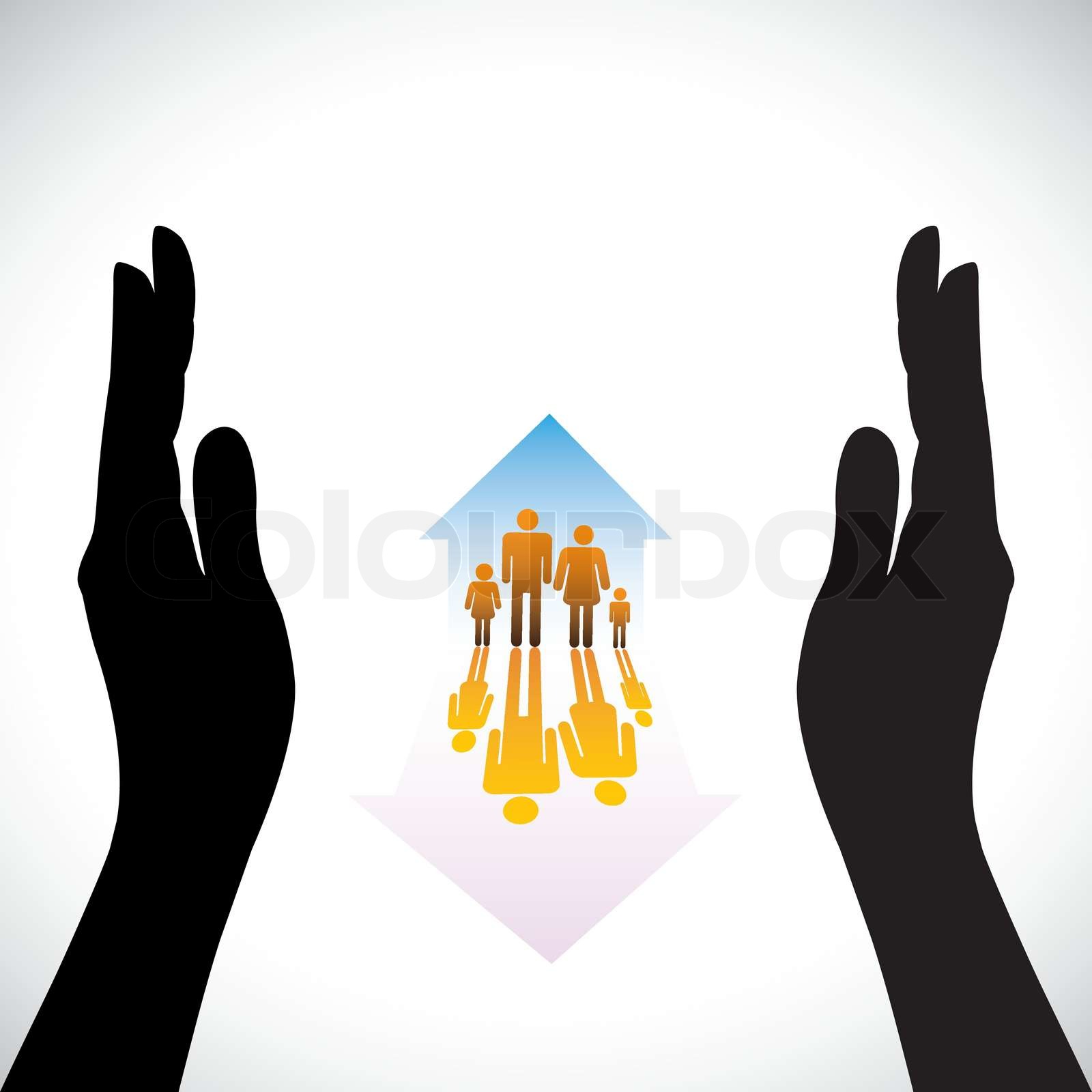 Graphic of Secure family people icons & hand silhouette protection ...