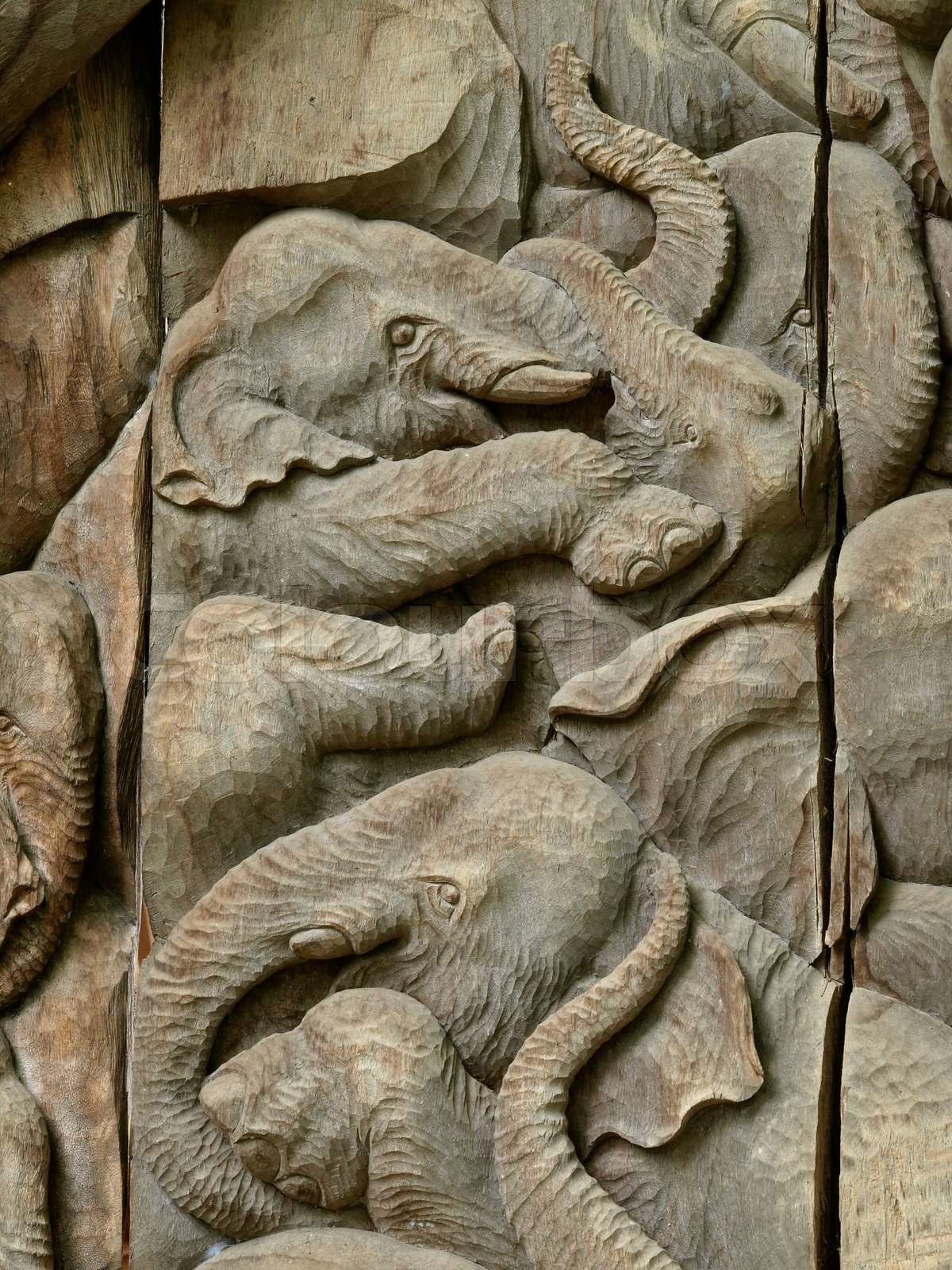 Elephant pattern, Wood carving in a thai temple | Stock image | Colourbox