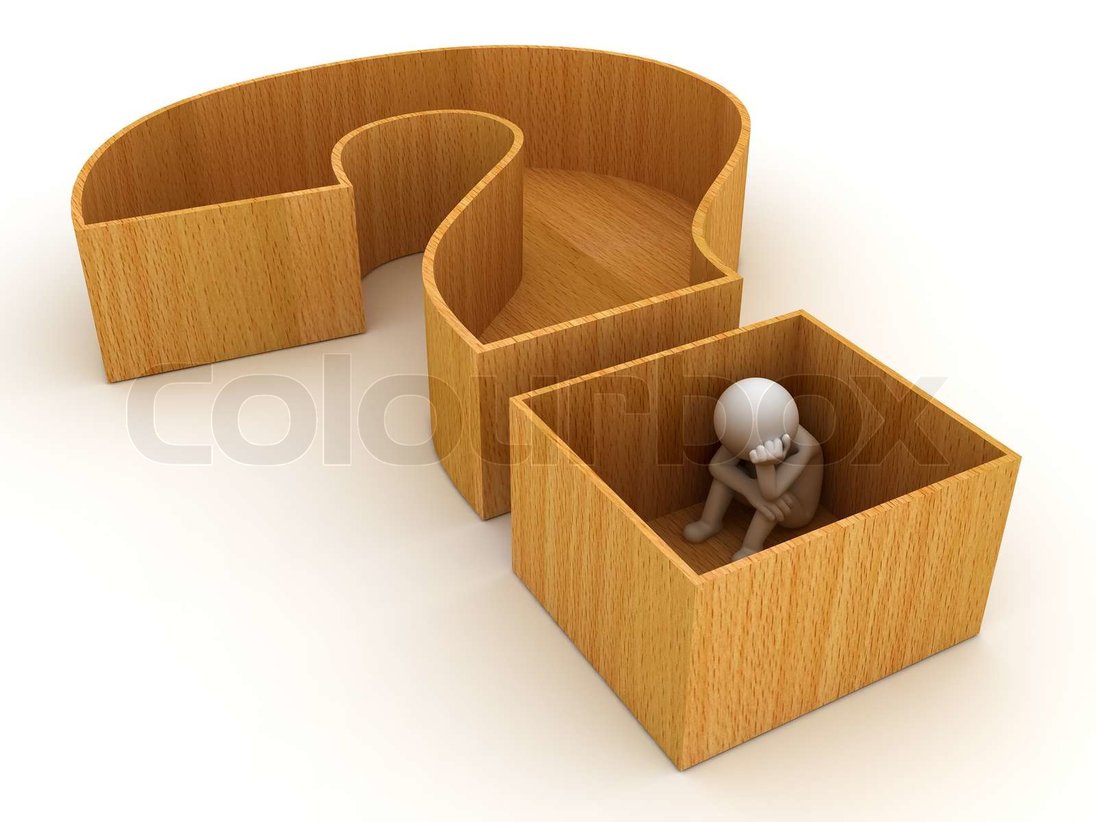 3d man sitting in question mark crate | Stock image | Colourbox