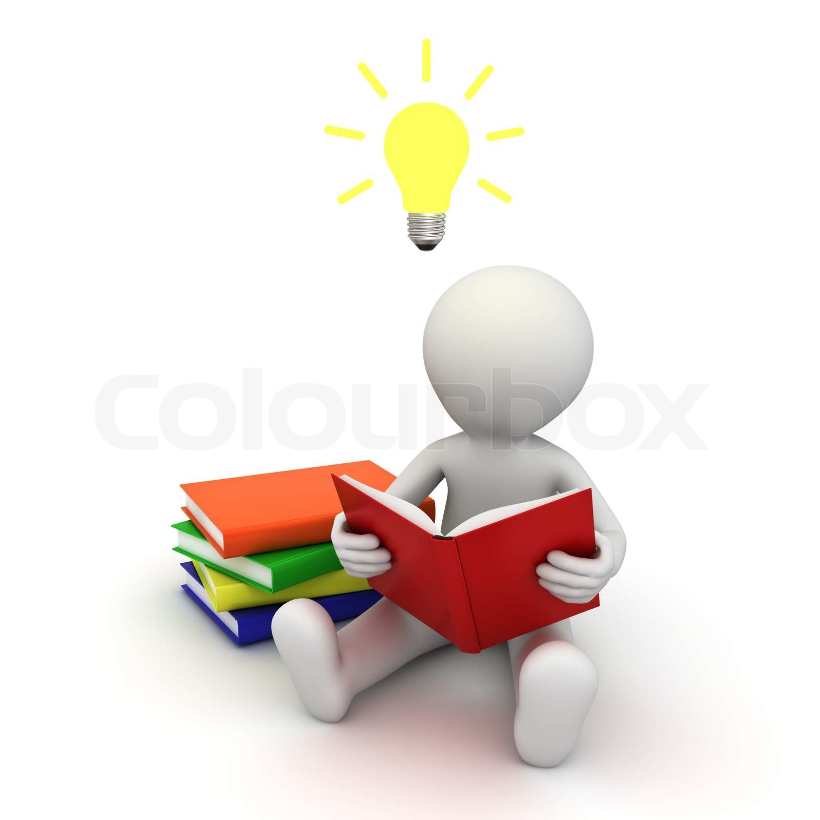 3d man sitting on the floor and reading a book with idea bulb | Stock ...