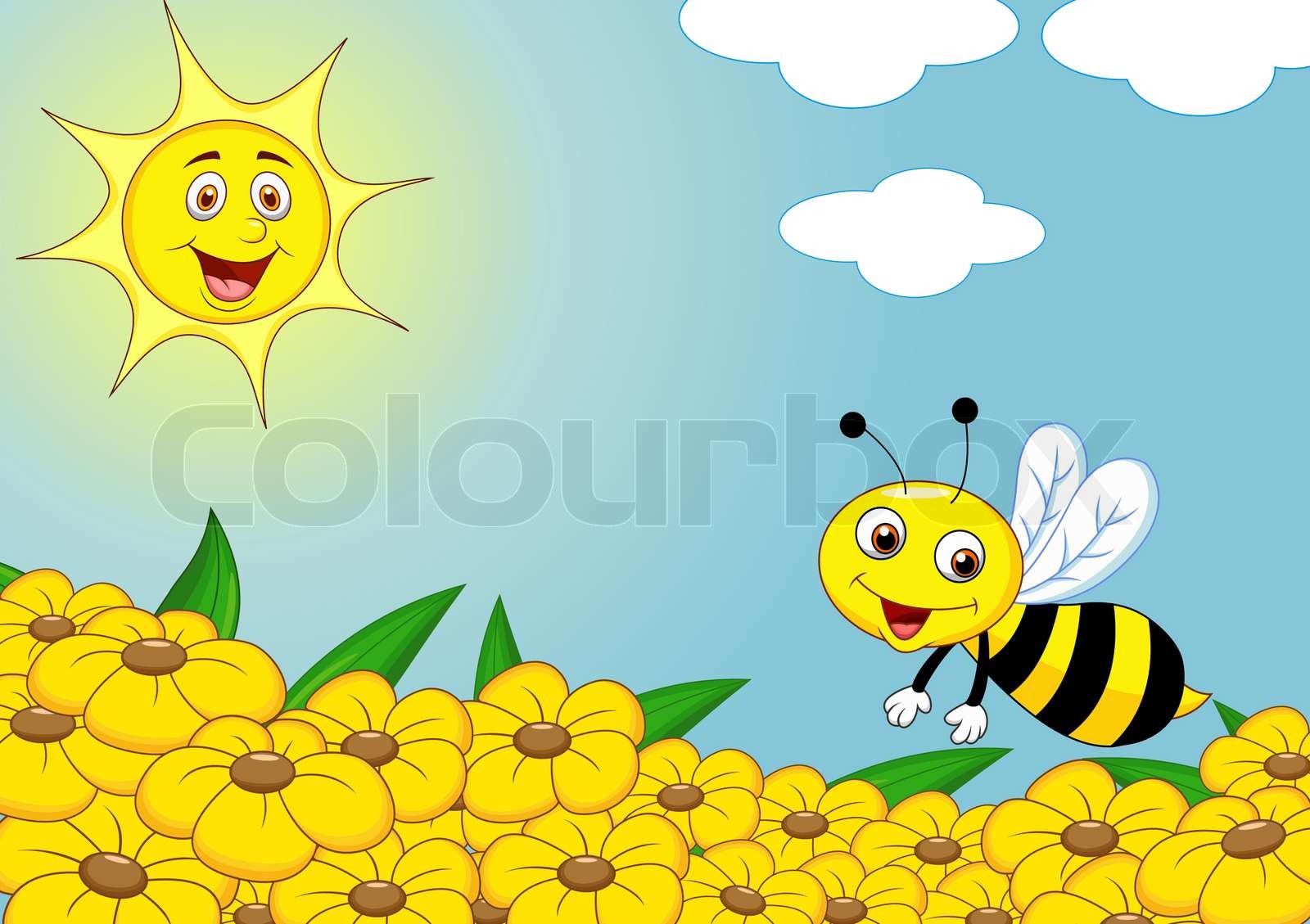 Happy bee cartoon on the flower field | Stock vector | Colourbox