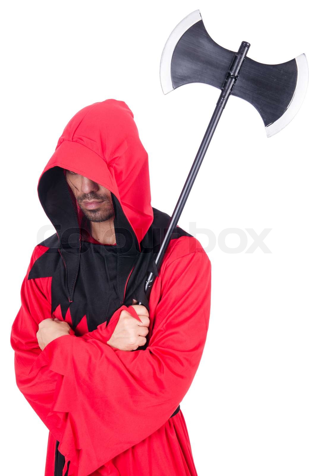 Executioner in red costume with axe on white | Stock image | Colourbox
