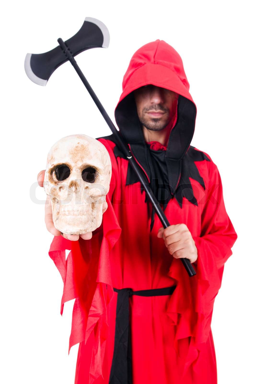 Executioner in red costume with axe on white | Stock image | Colourbox