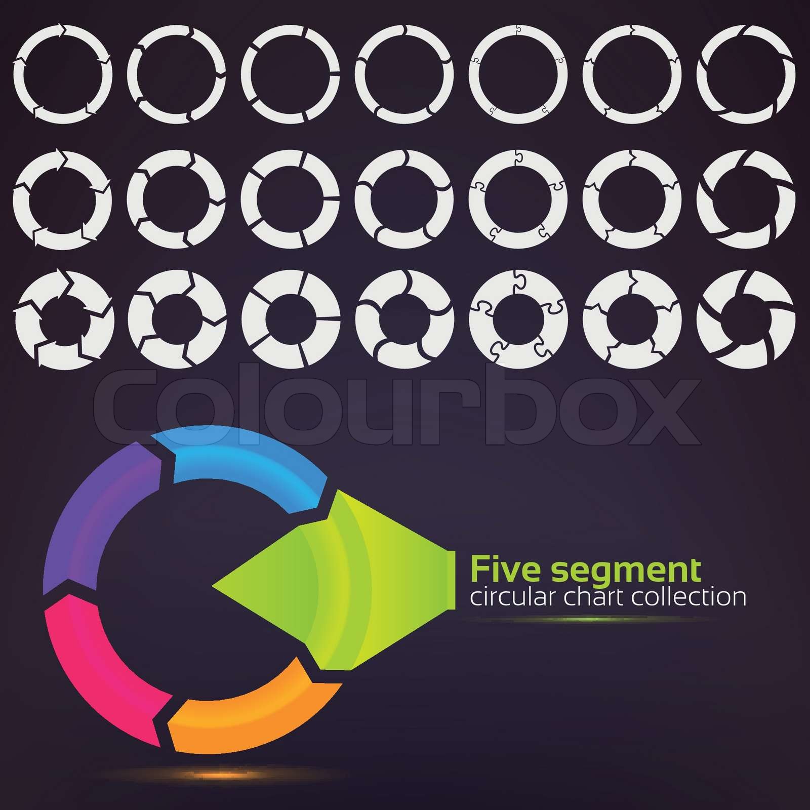 Five segment graph circular charts clip art set, in seven template ...