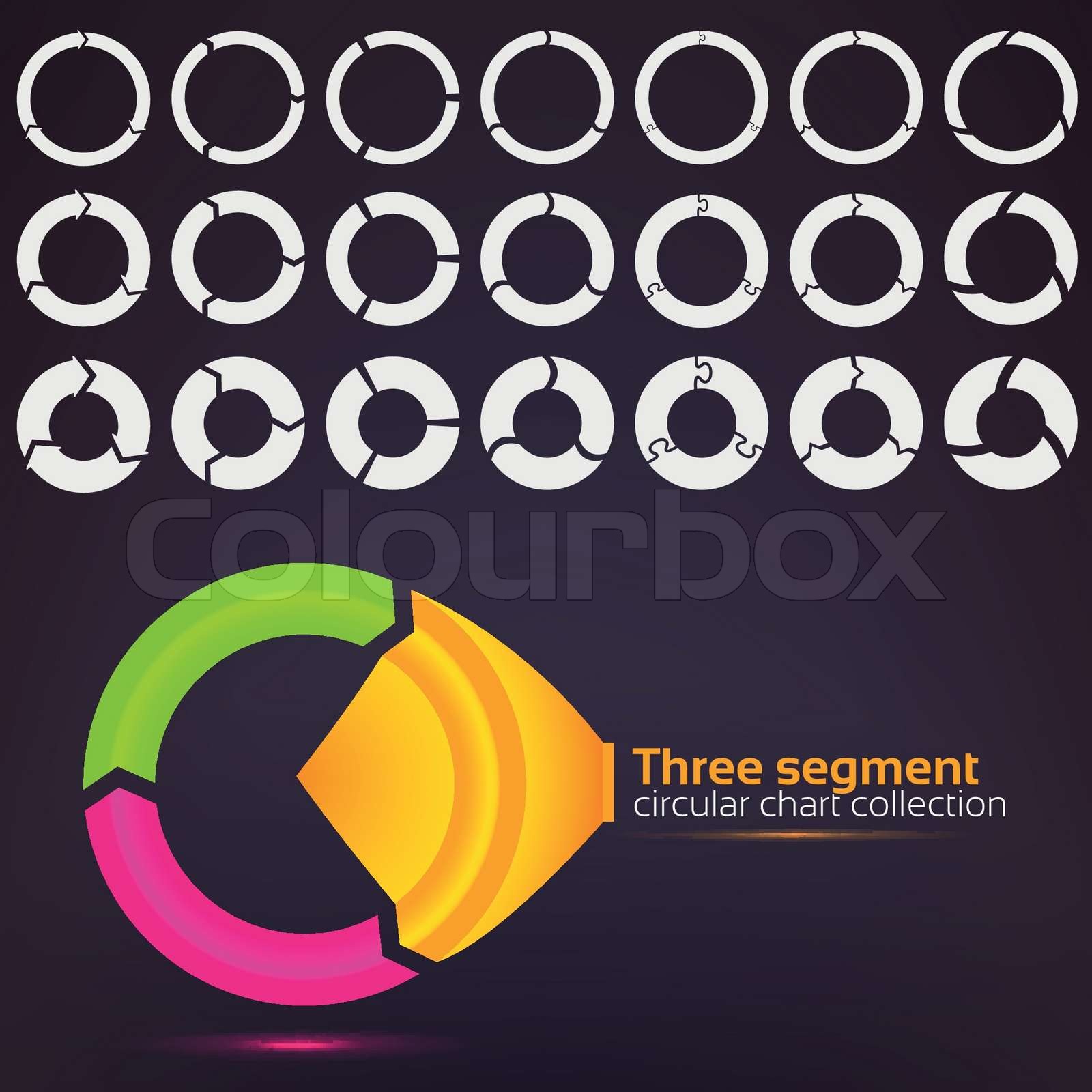 Three segment graph circular charts clip art set, in seven template ...