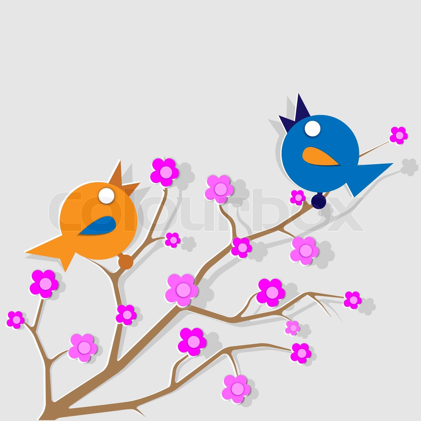 Two cheerful singing birds sitting on the branches of a blooming cherry ...