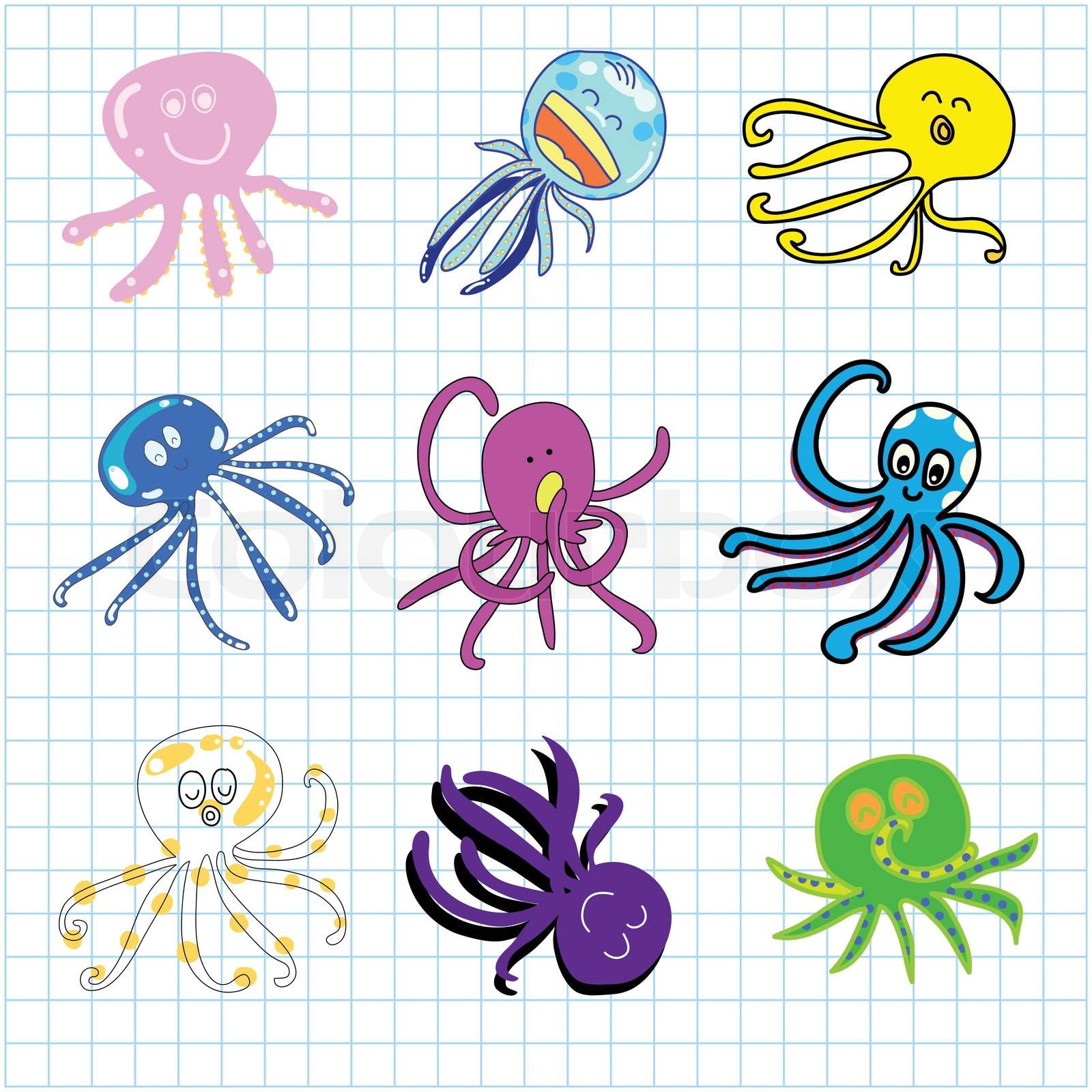 funny octopus cartoon hand drawing on graph pattern | Stock vector ...