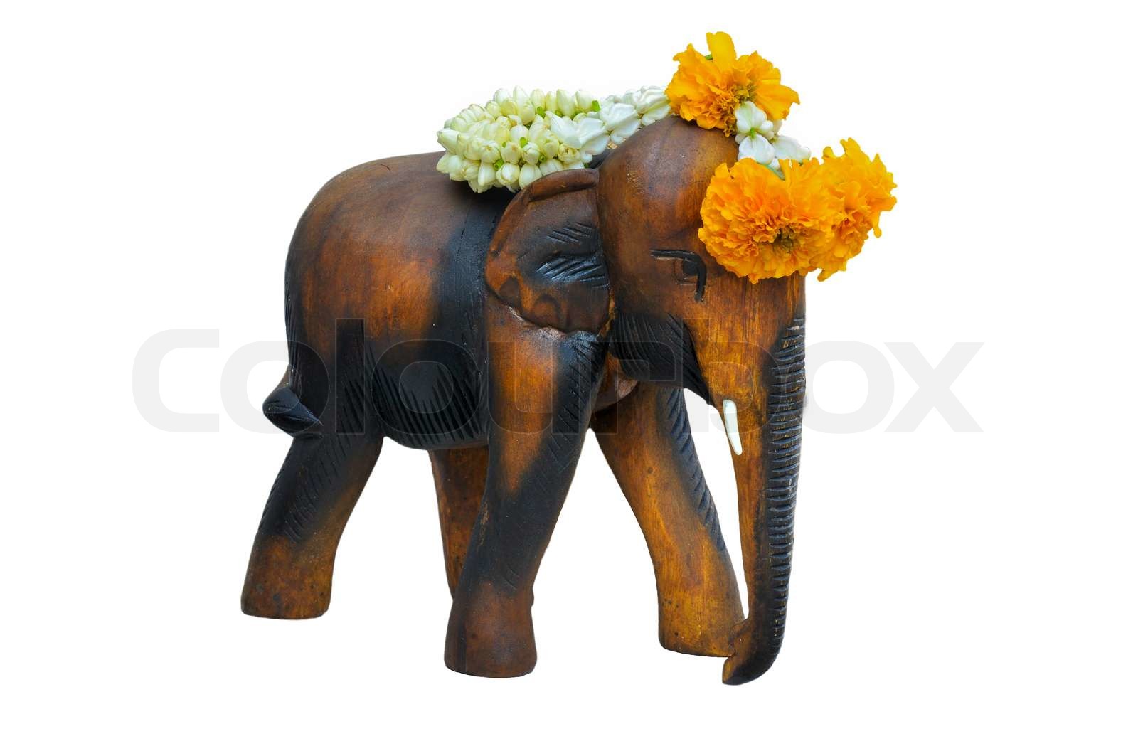 Wooden elephant with Jasmine Thai Garland isolate on white | Stock ...
