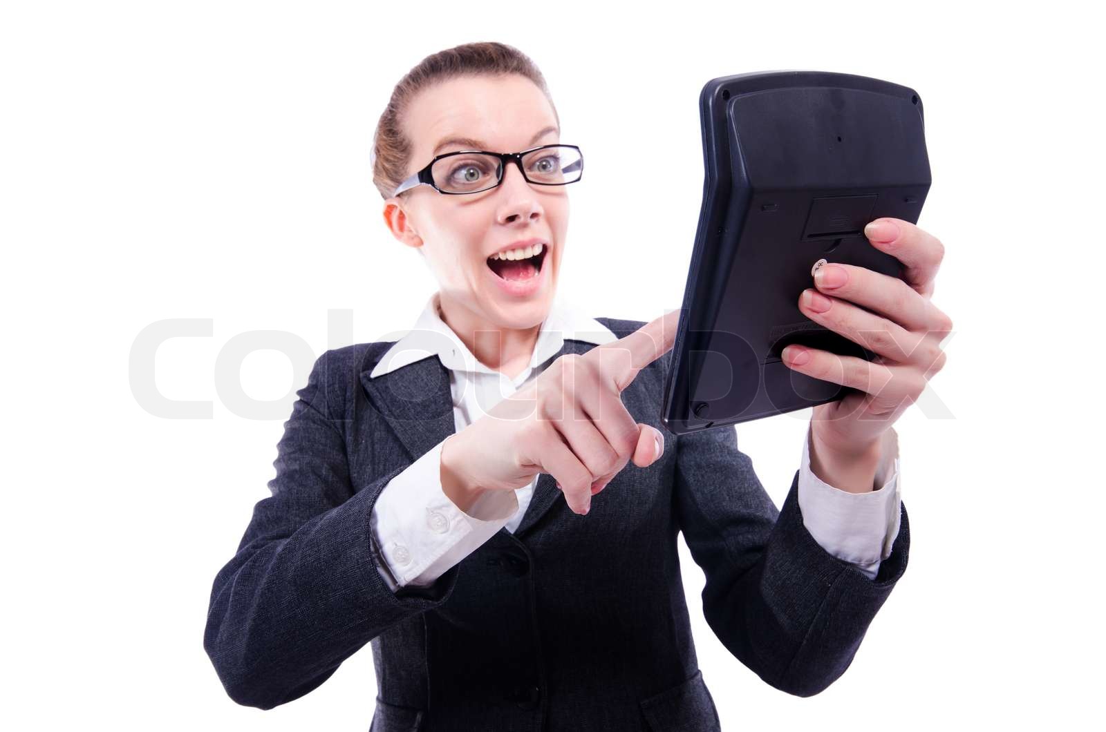 Nerd female accountant with calculator | Stock image | Colourbox