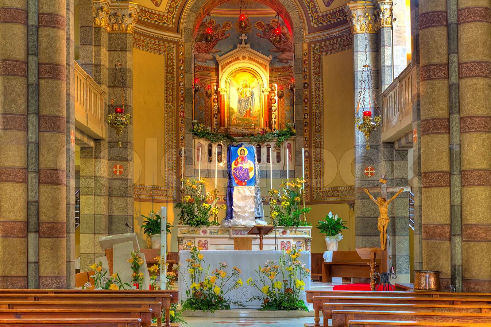 Altar as part of interior view of Madonna Moretta catholic church in ...