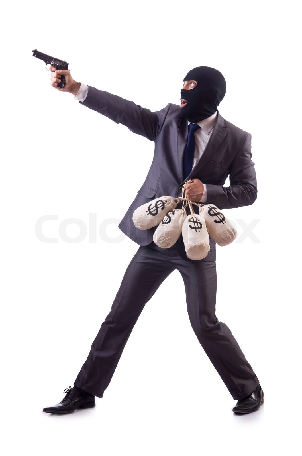 Gangster with bags of money on white | Stock image | Colourbox