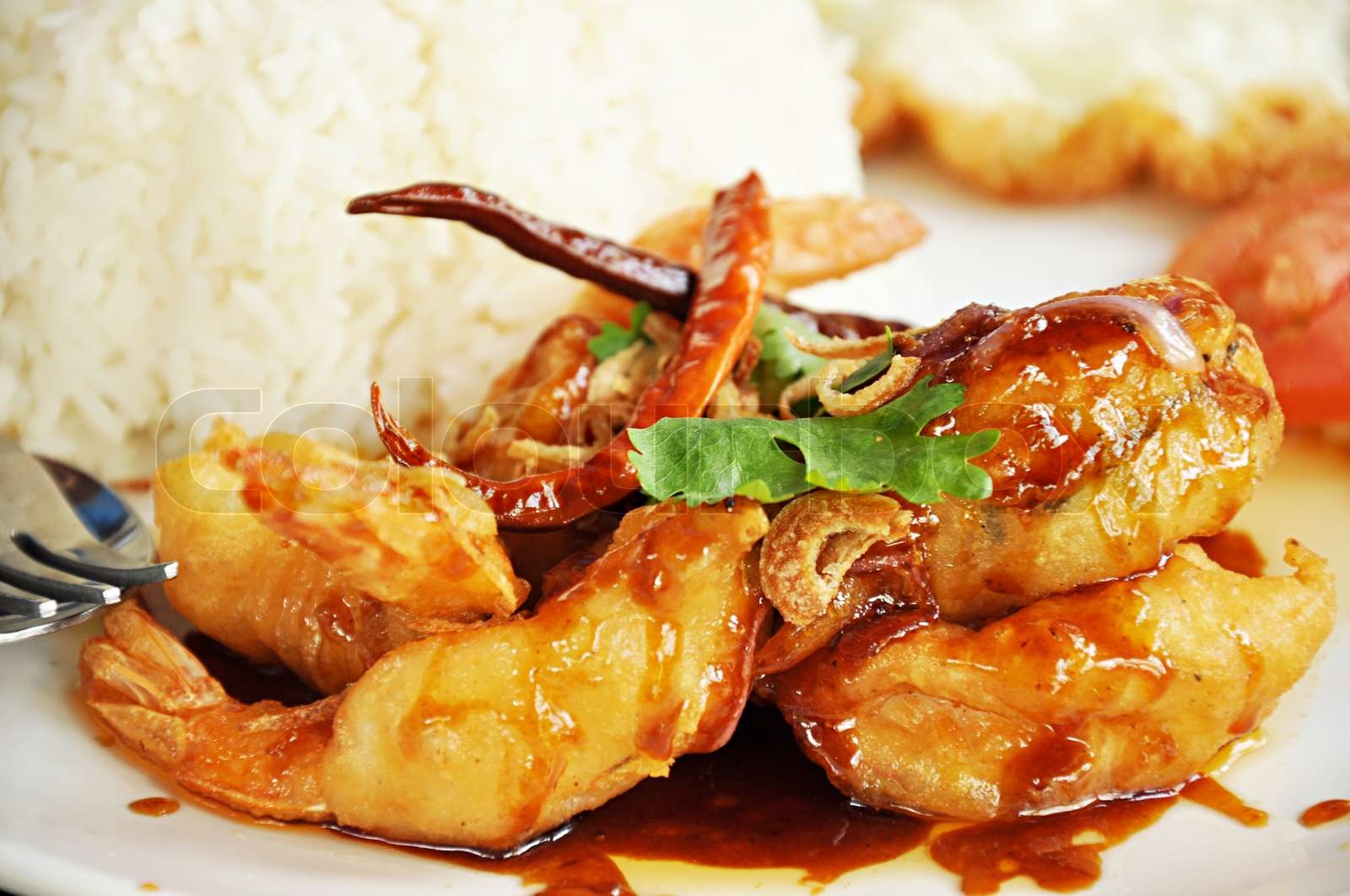 Thai food - deep fried prawns in Tamarind source | Stock image | Colourbox