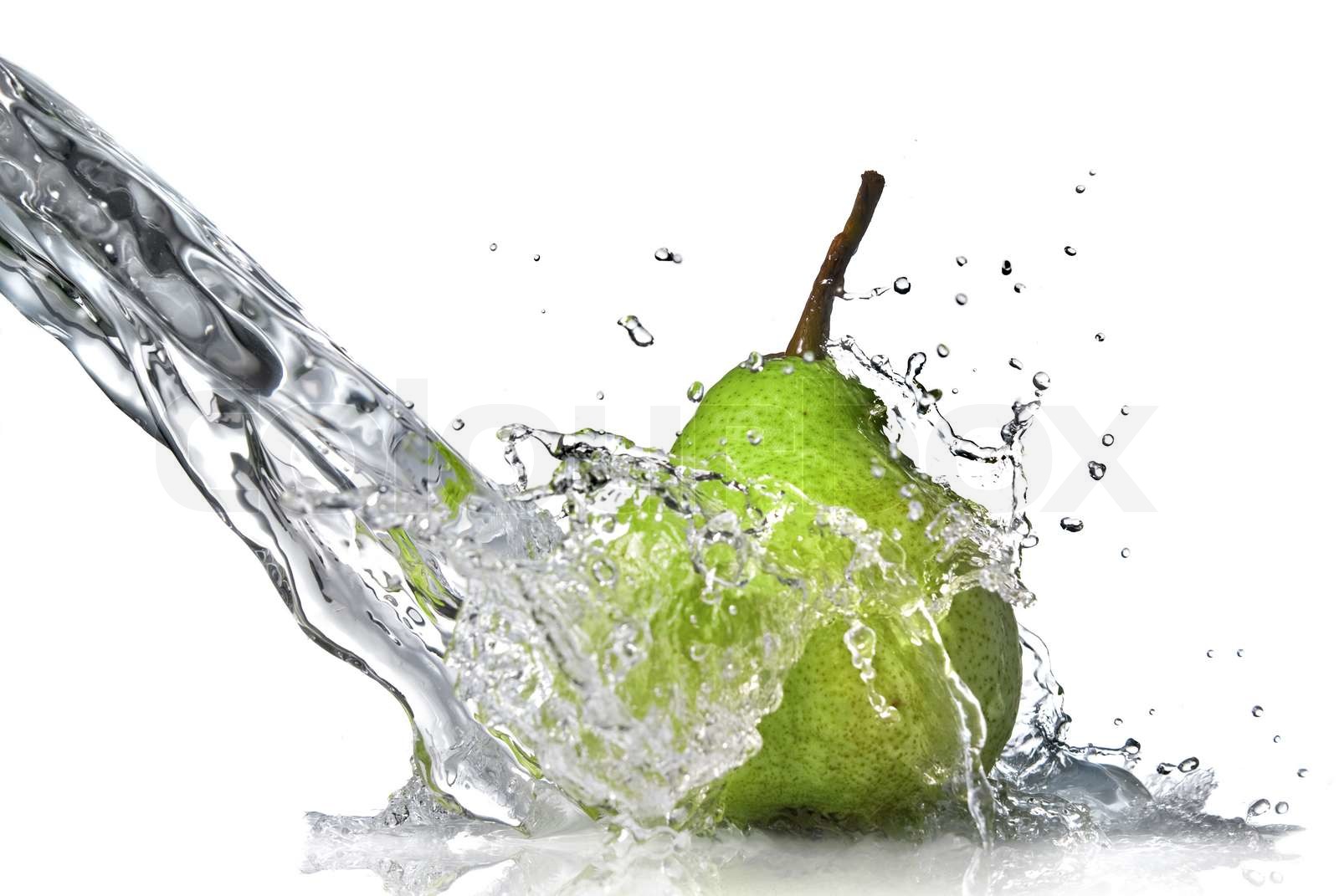 fresh water splash on green pear isolated on white | Stock image ...