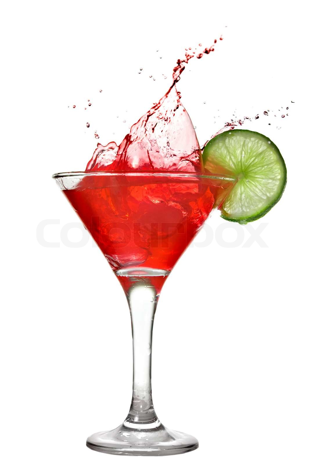Red cocktail with splash and lime isolated on white | Stock image ...