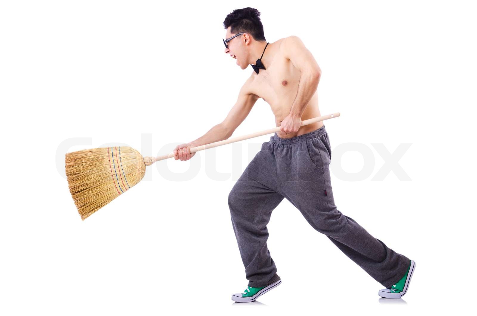 Funny man with broom on white | Stock image | Colourbox