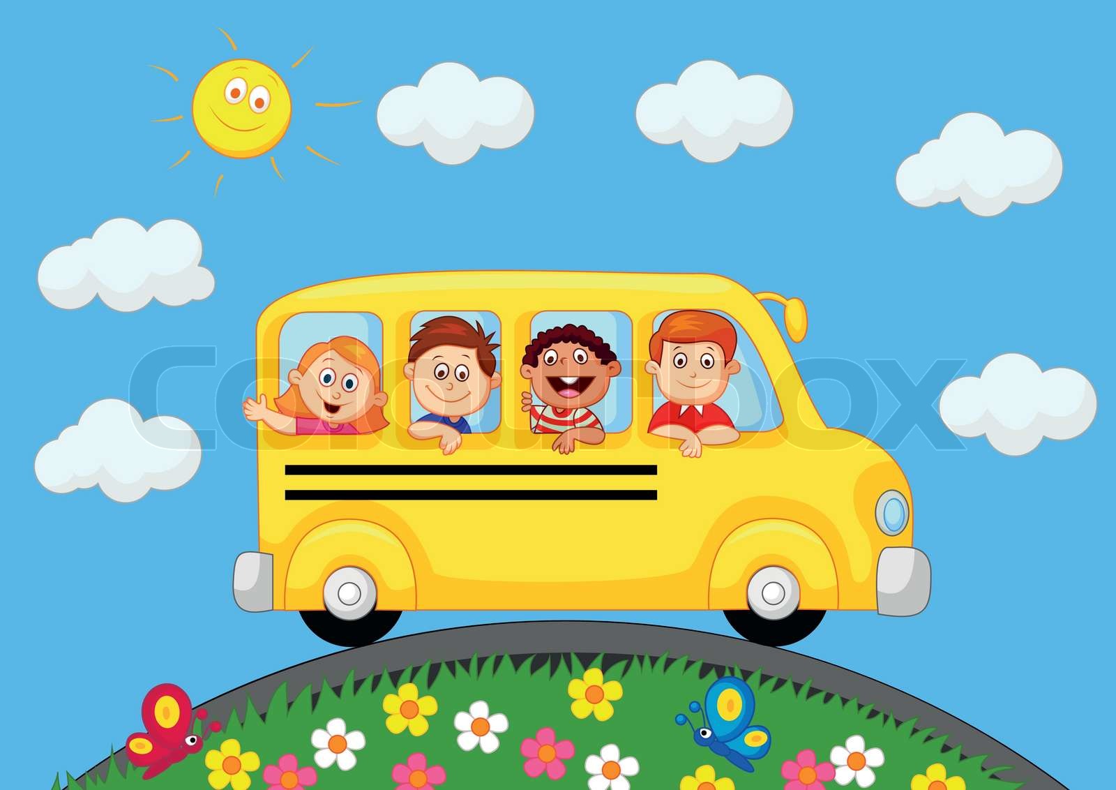 School Bus With Happy Children cartoon | Stock vector | Colourbox