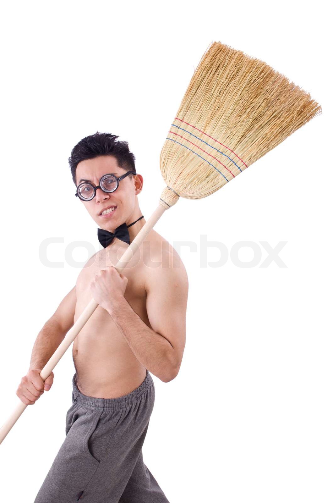 Funny man with broom on white | Stock image | Colourbox
