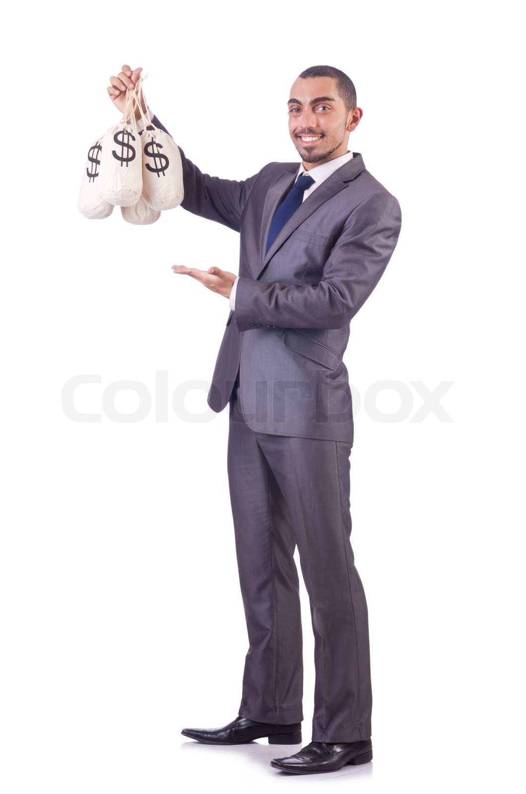 Mand med penge sække på hvidt | Stock foto | Colourbox