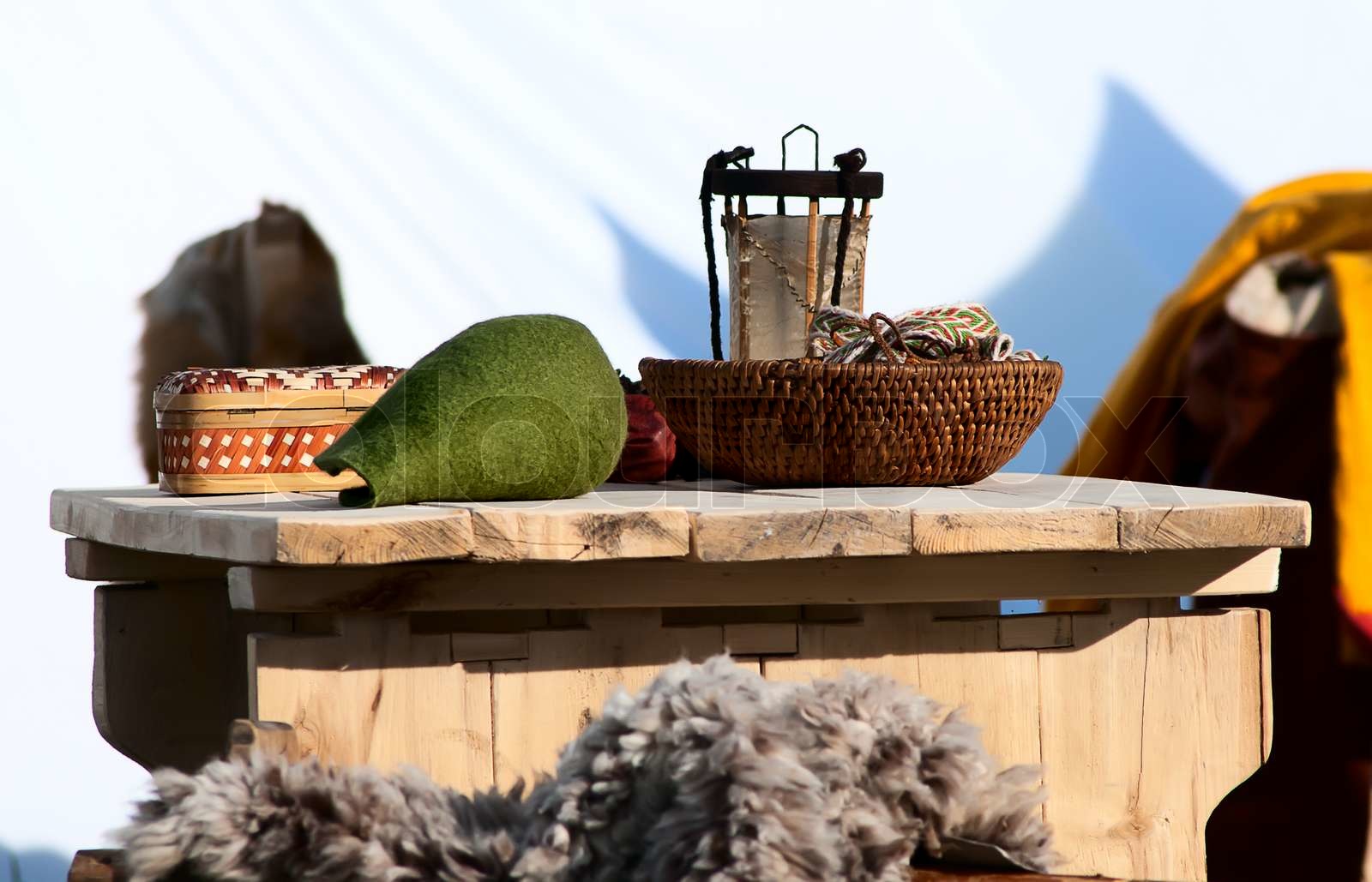 medieval refectory table, antique dishes | Stock image | Colourbox