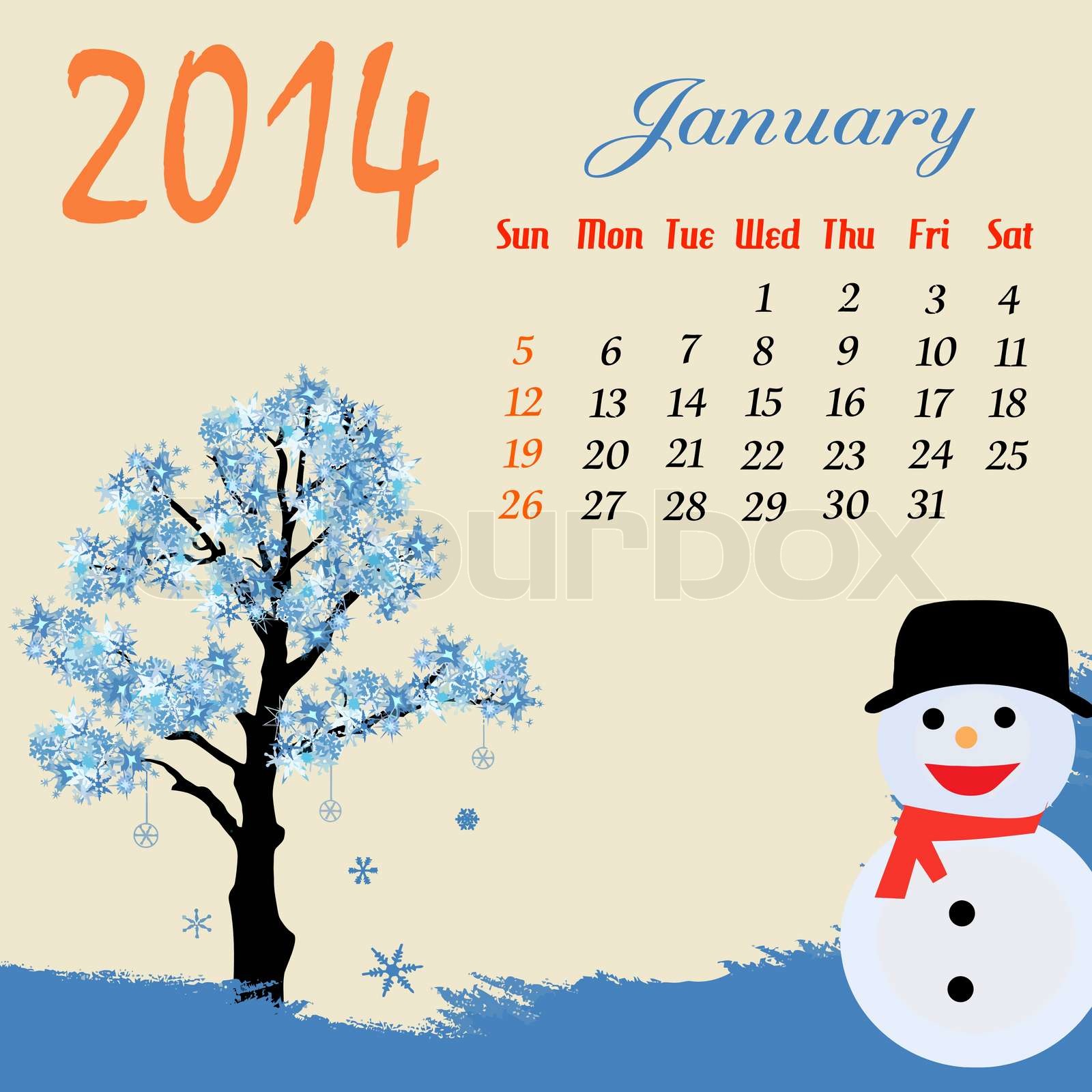 Kalender für das Jahr 2014 Januar mit Winter Baum und Schneemann ...