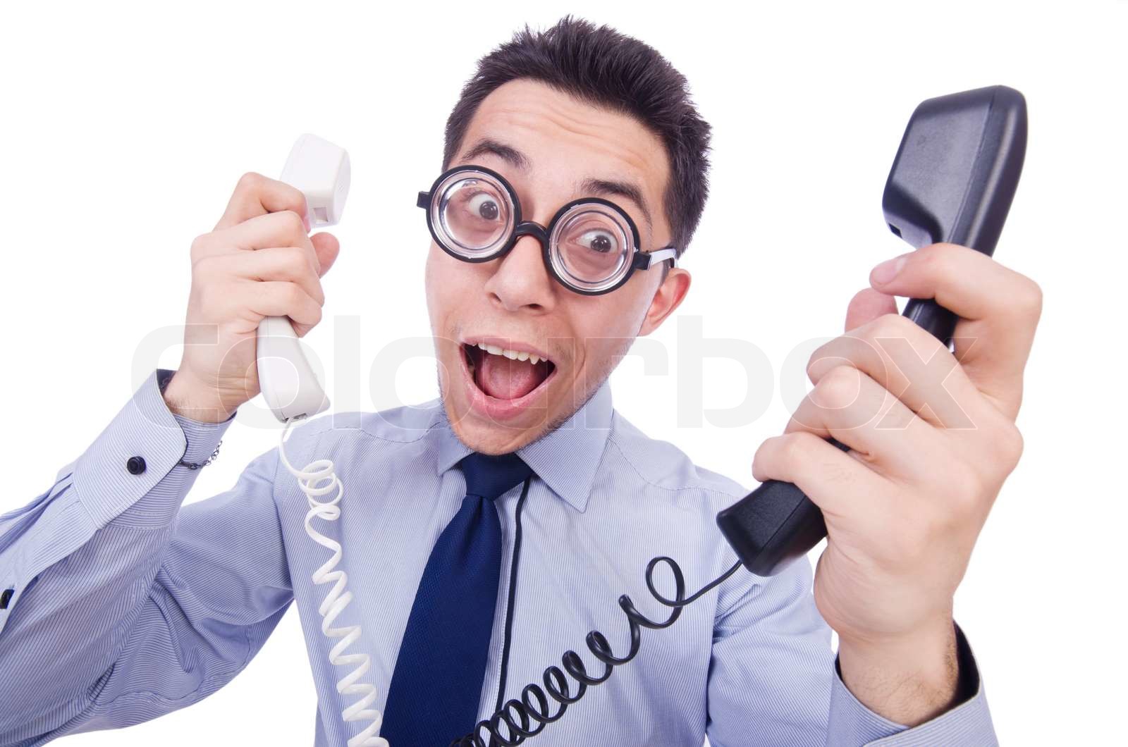 Crazy man with phone on white | Stock image | Colourbox