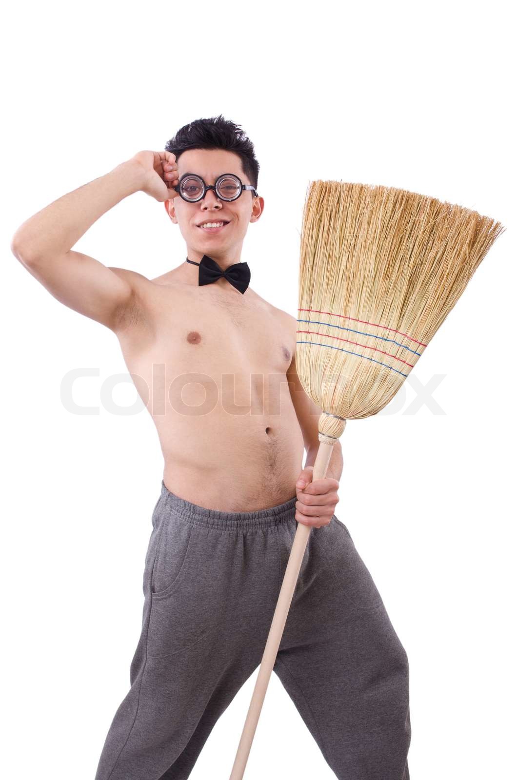 Funny man with broom on white | Stock image | Colourbox