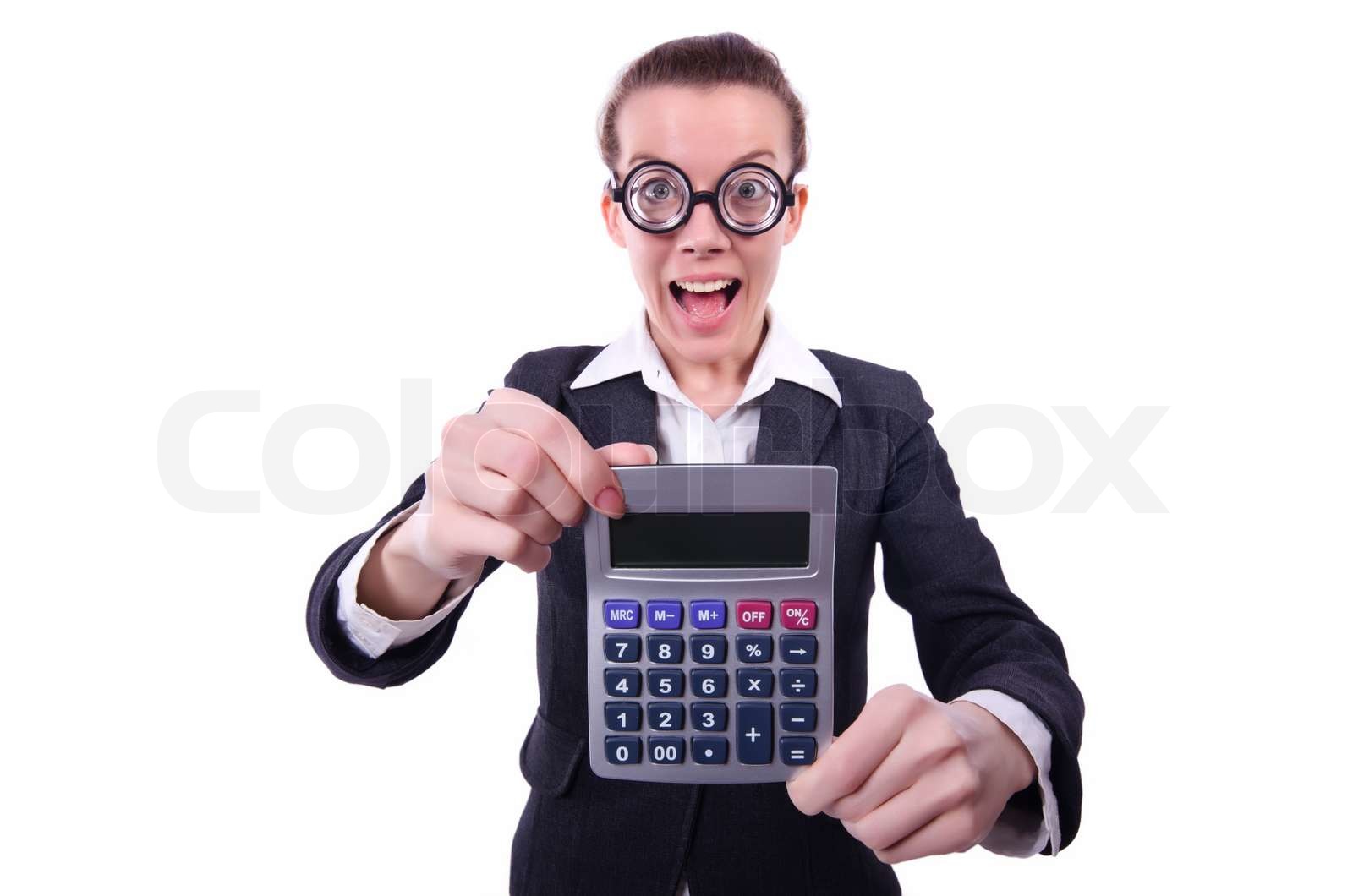 Nerd female accountant with calculator | Stock image | Colourbox