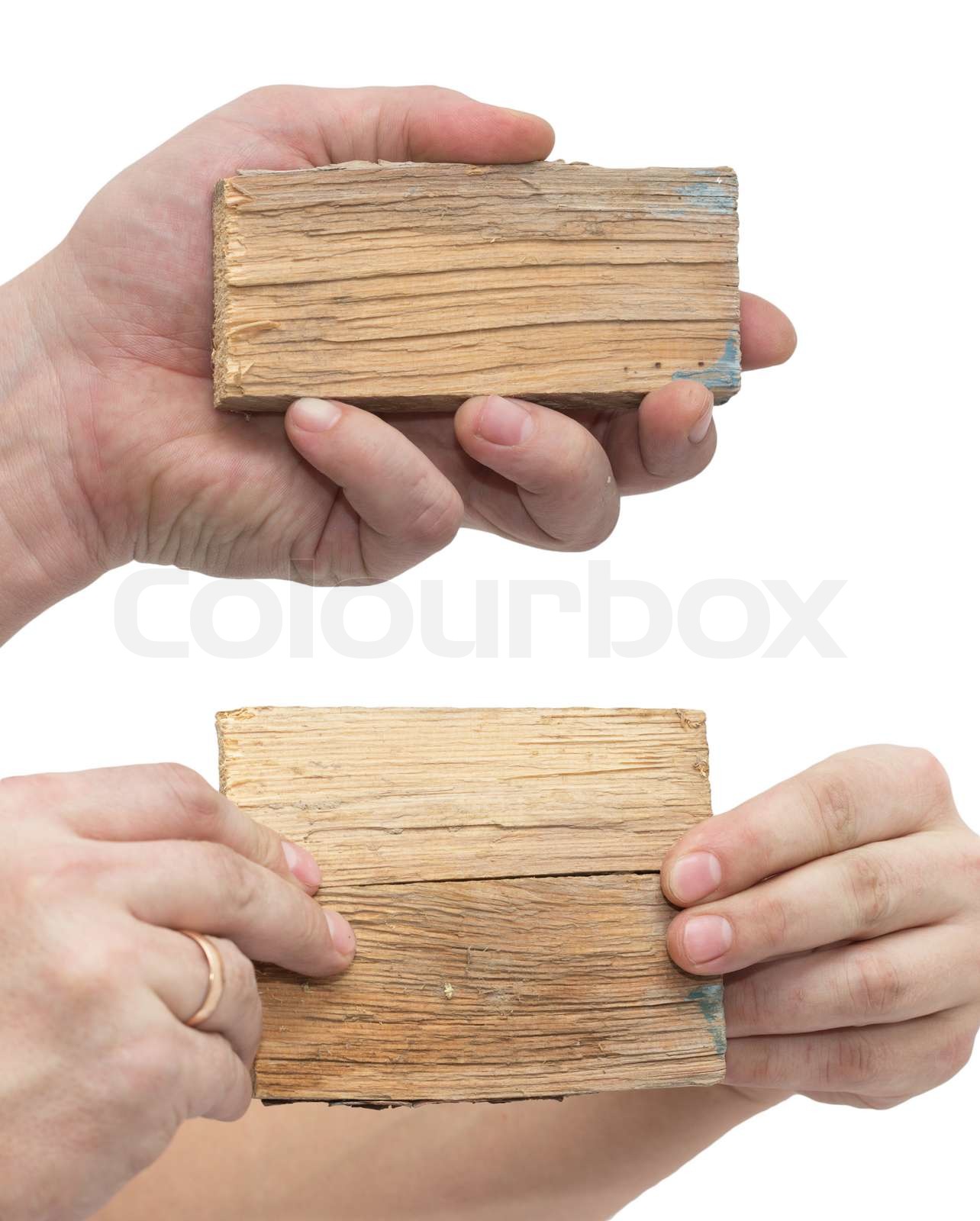 Wooden board sign on hand isolate on white | Stock image | Colourbox