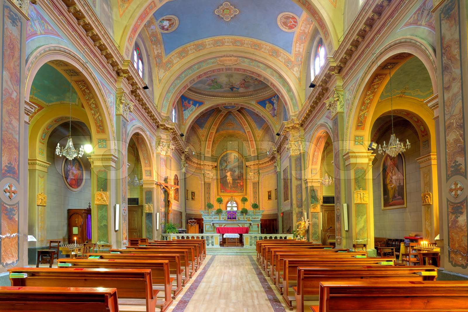 Interior view of small catholic church in town of Serralunga D'Alba in ...