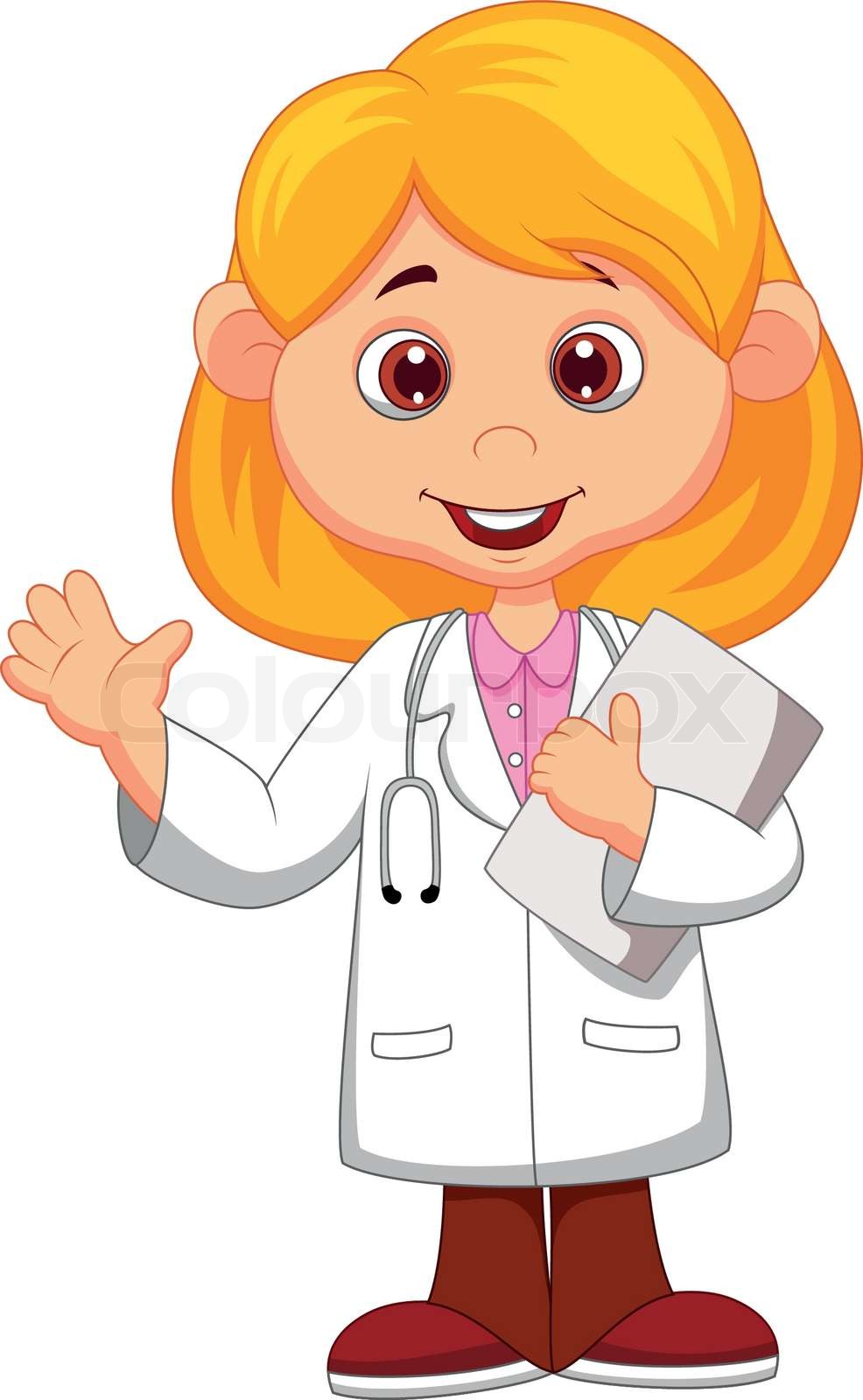 Cute little female doctor cartoon waving hand | Stock vector | Colourbox