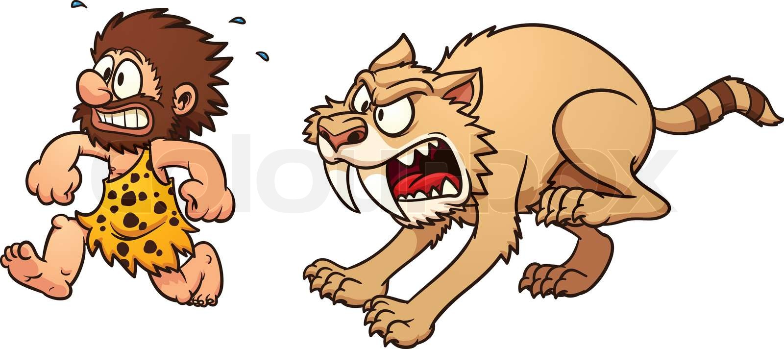 Cartoon caveman running away from sabertooth | Stock vector | Colourbox