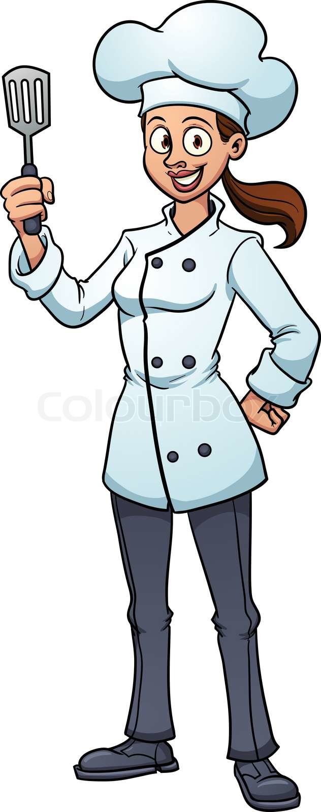 Cute cartoon female cook holding a spatula | Stock vector | Colourbox