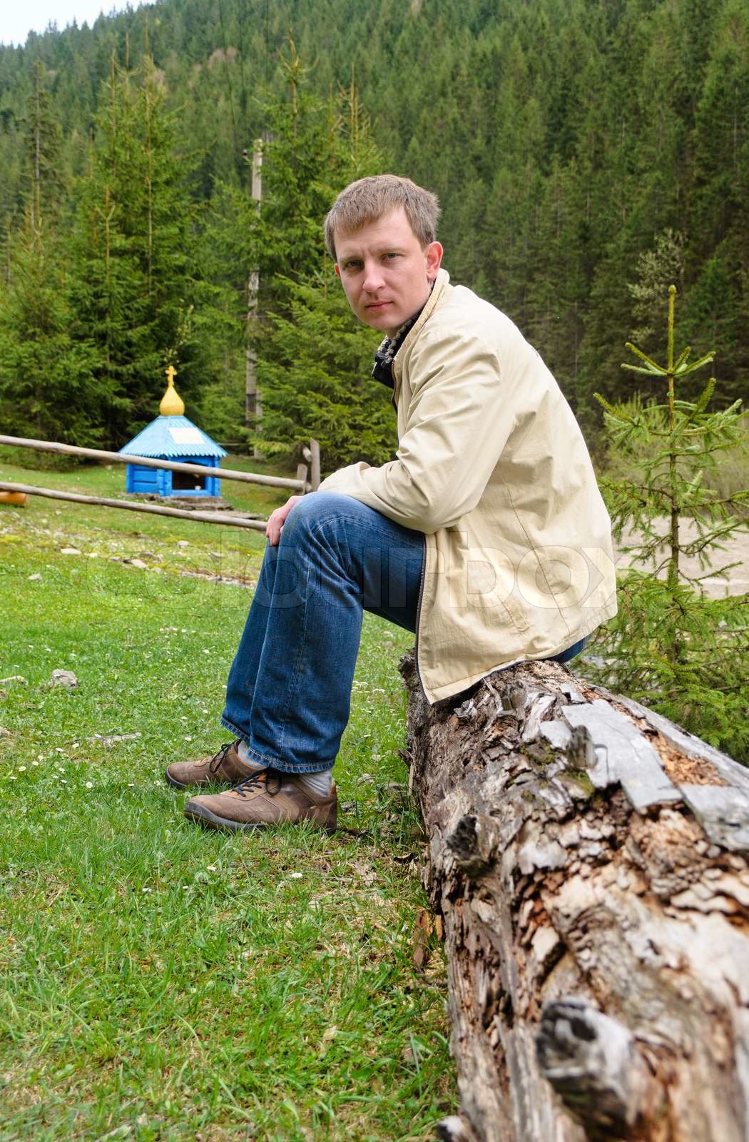 Man sitting on an old tree trunk | Stock image | Colourbox