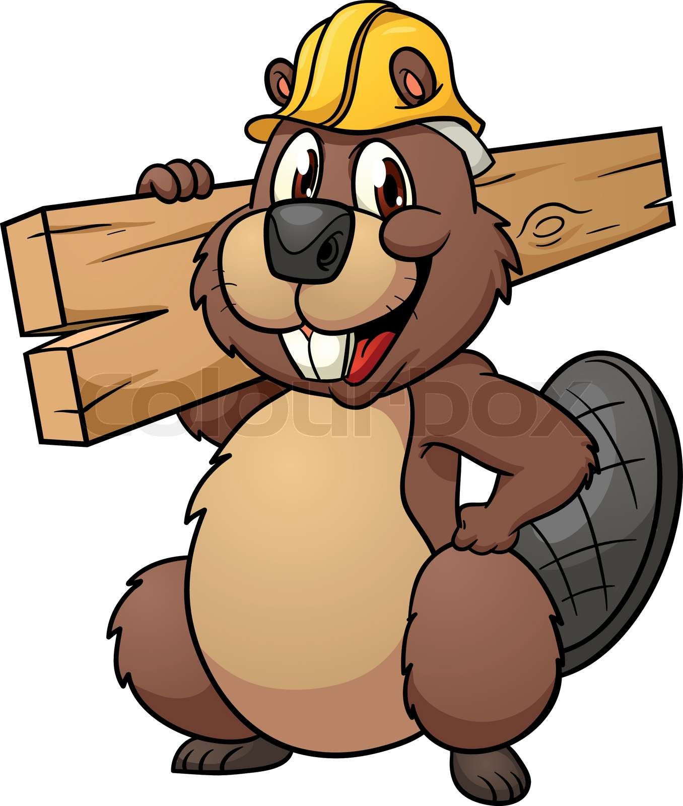 Cute cartoon beaver wearing a construction hat and holding a plank of ...