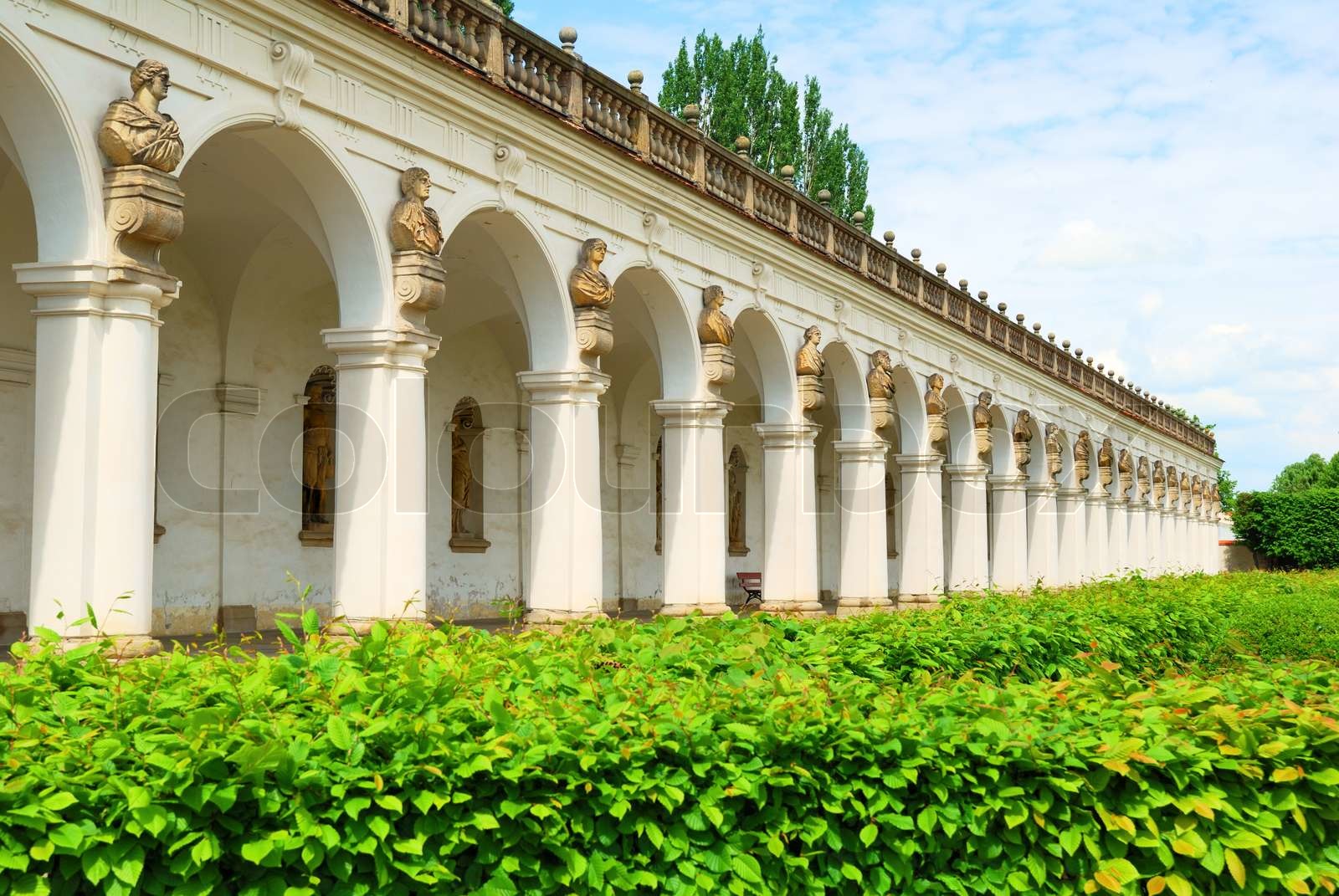 Long renaissance colonnade with green hedge | Stock image | Colourbox
