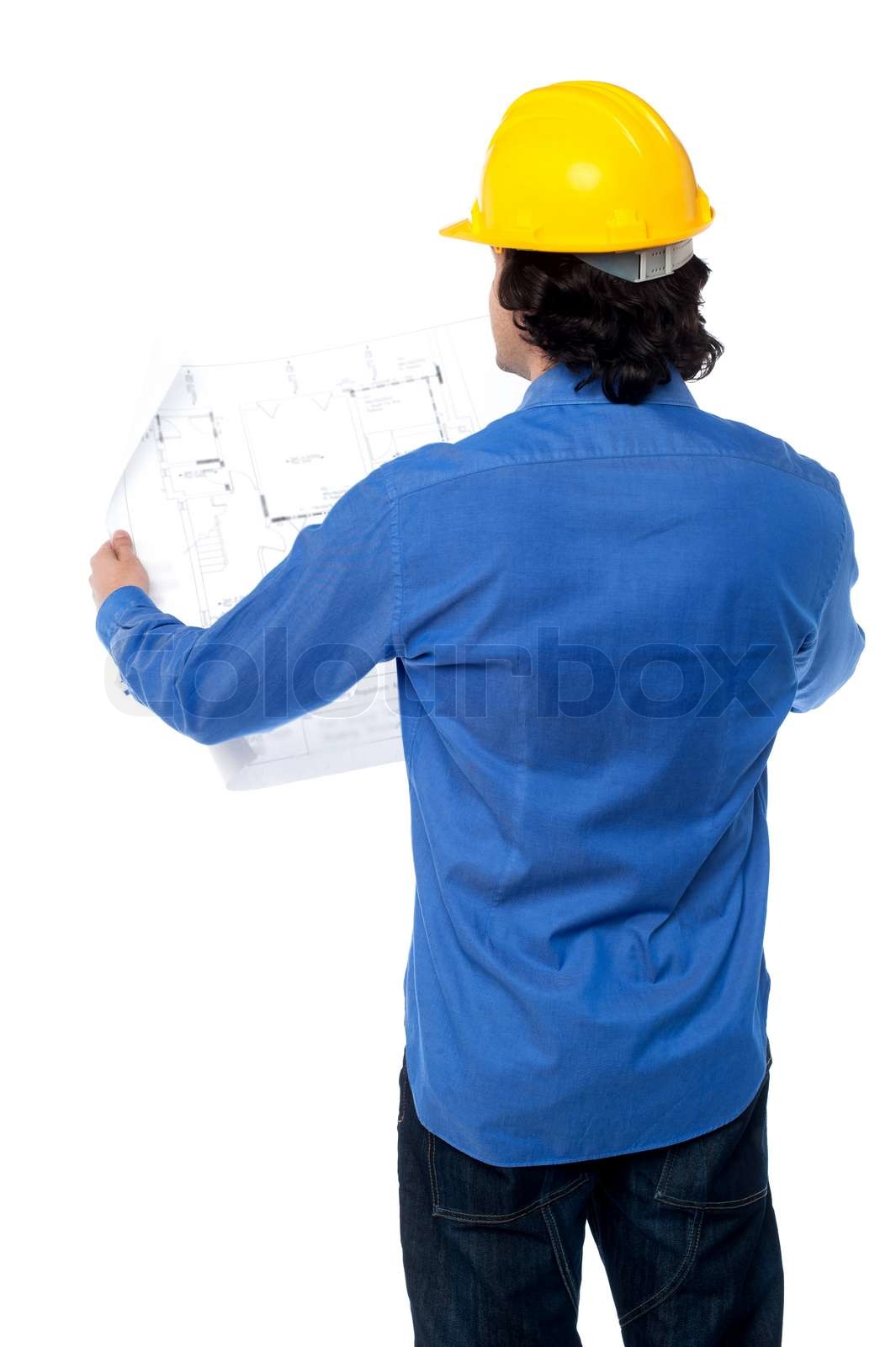 Construction worker with blueprint plan | Stock image | Colourbox