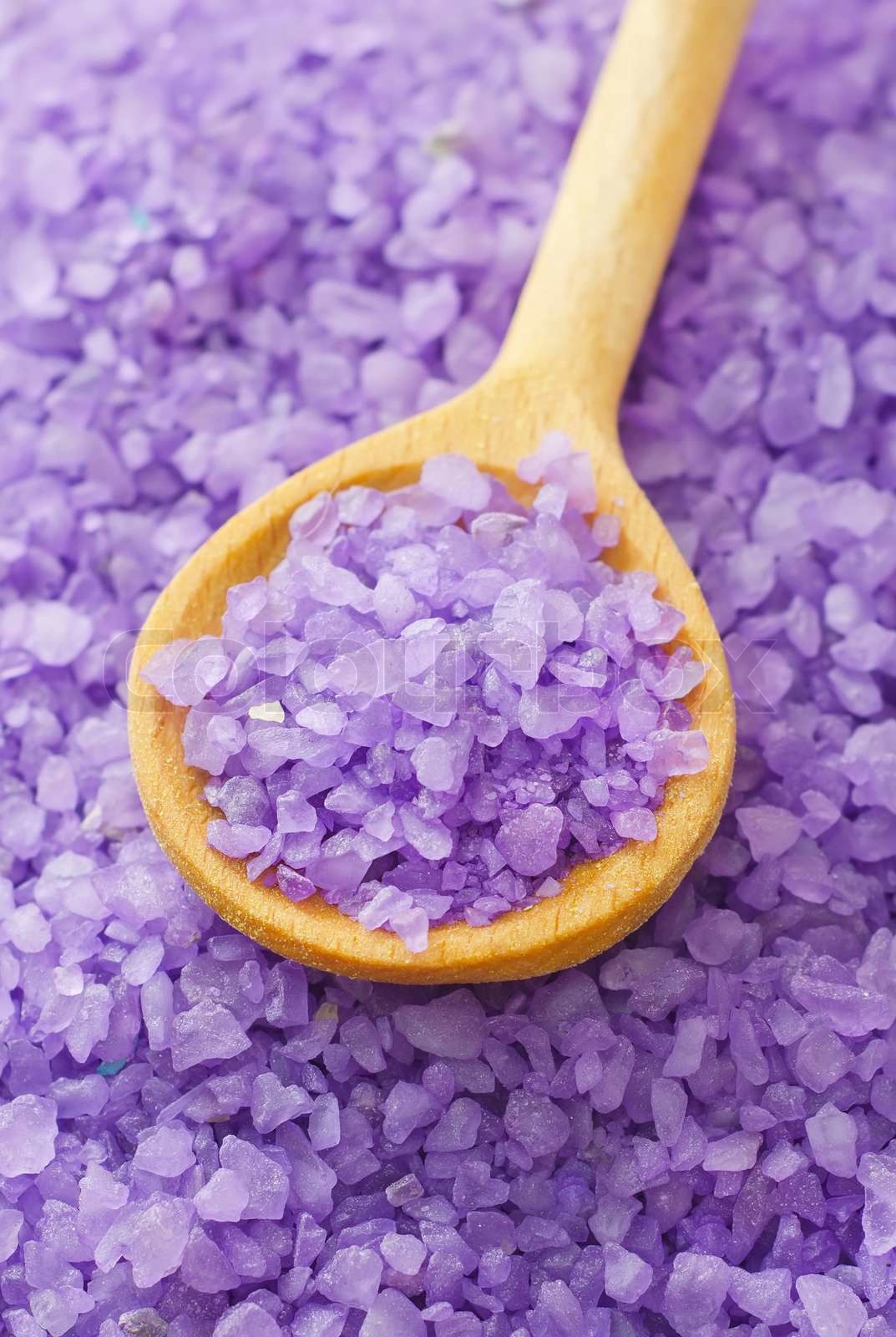 Violet sea salt for spa in wooden board | Stock image | Colourbox