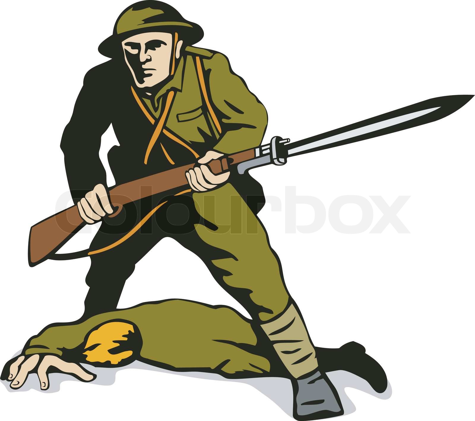 Illustration of soldier holding bayonet standing over dead body set on ...