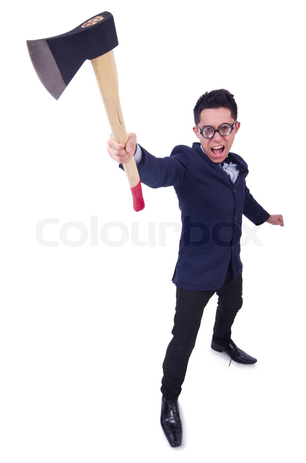 Funny man with axe on white | Stock image | Colourbox
