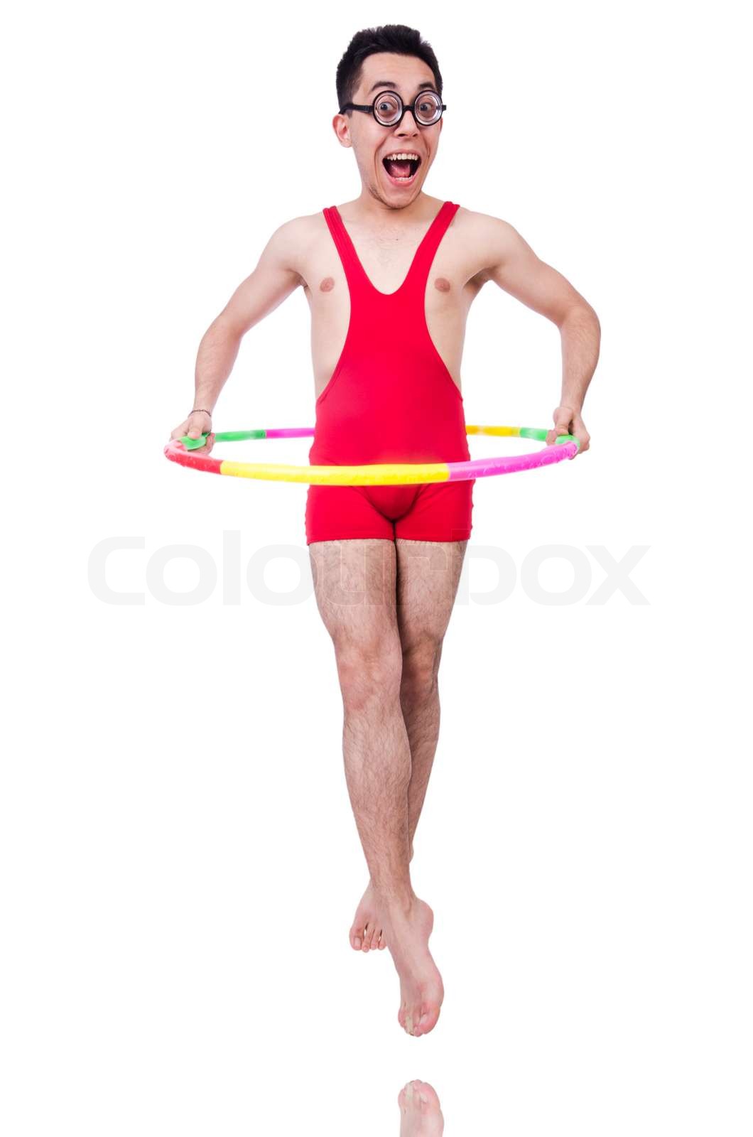 Funny sportsman with hula hoop on white | Stock image | Colourbox