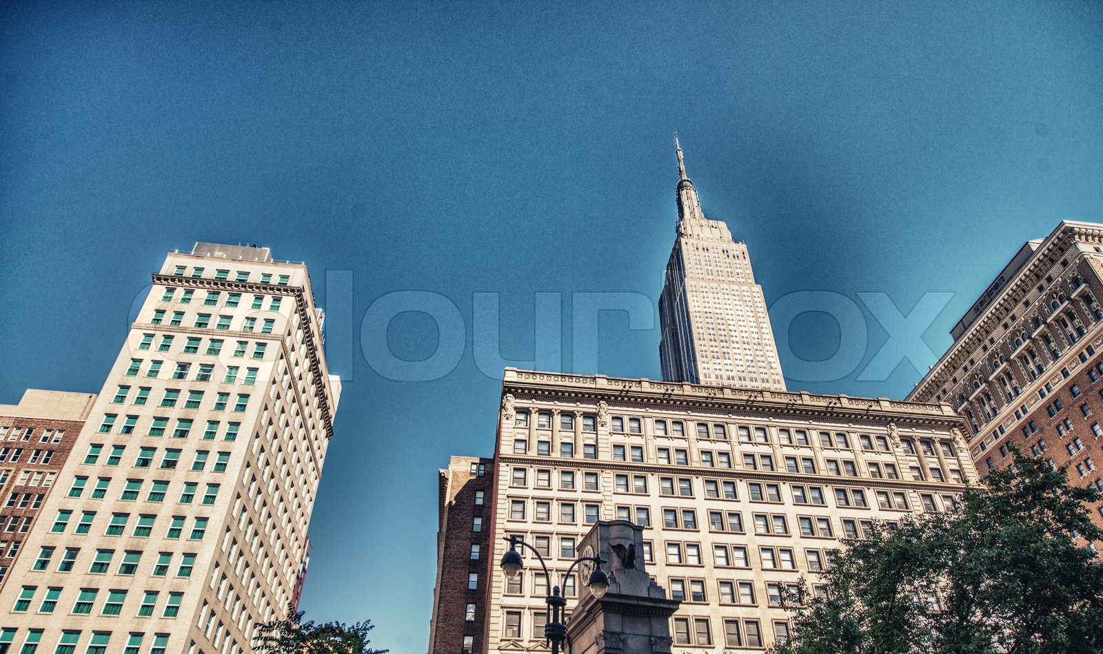 New York Wide angle street view of modern tall skyscrapers - Manhattan ...