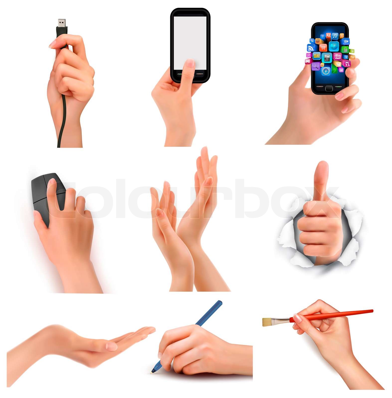 Set of hands holding different business objects.Vector | Stock image ...