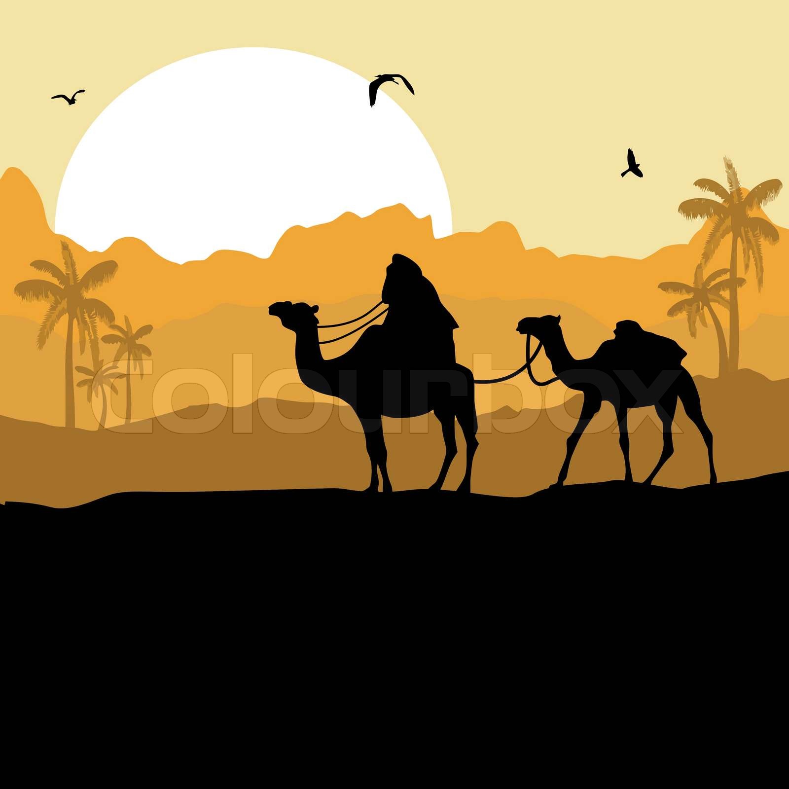 Camel caravan in desert | Stock vector | Colourbox