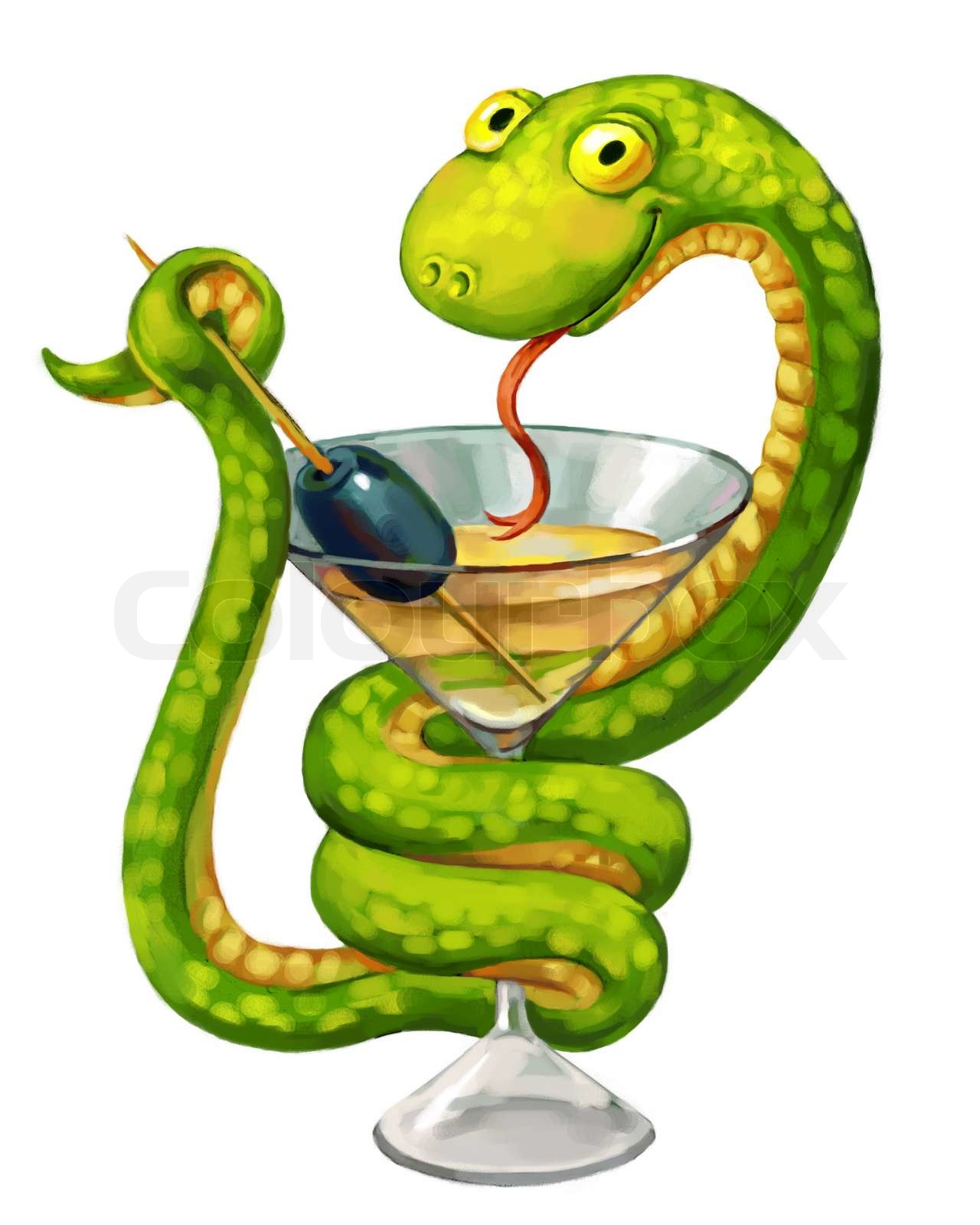 Green snake Martini glass with olive Snake on cup medicine symbol ...