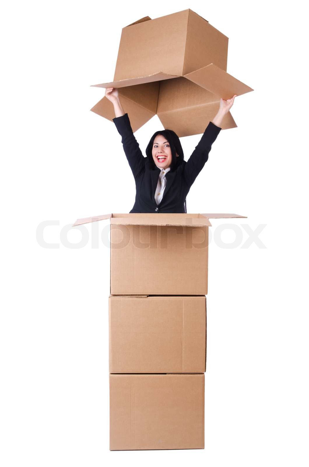 Woman with lots of boxes on white | Stock image | Colourbox