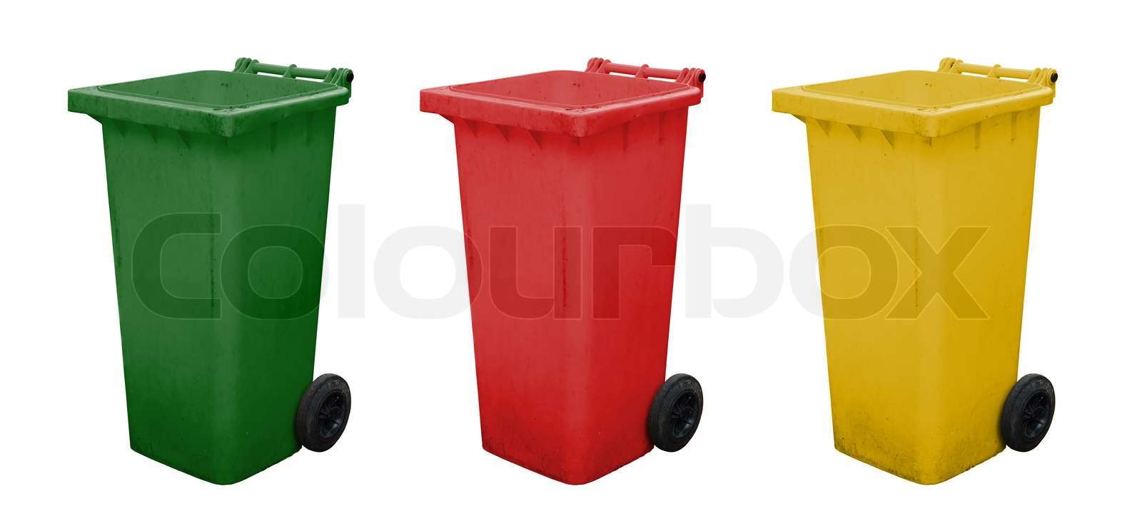 Green red and yellow garbage bins | Stock image | Colourbox