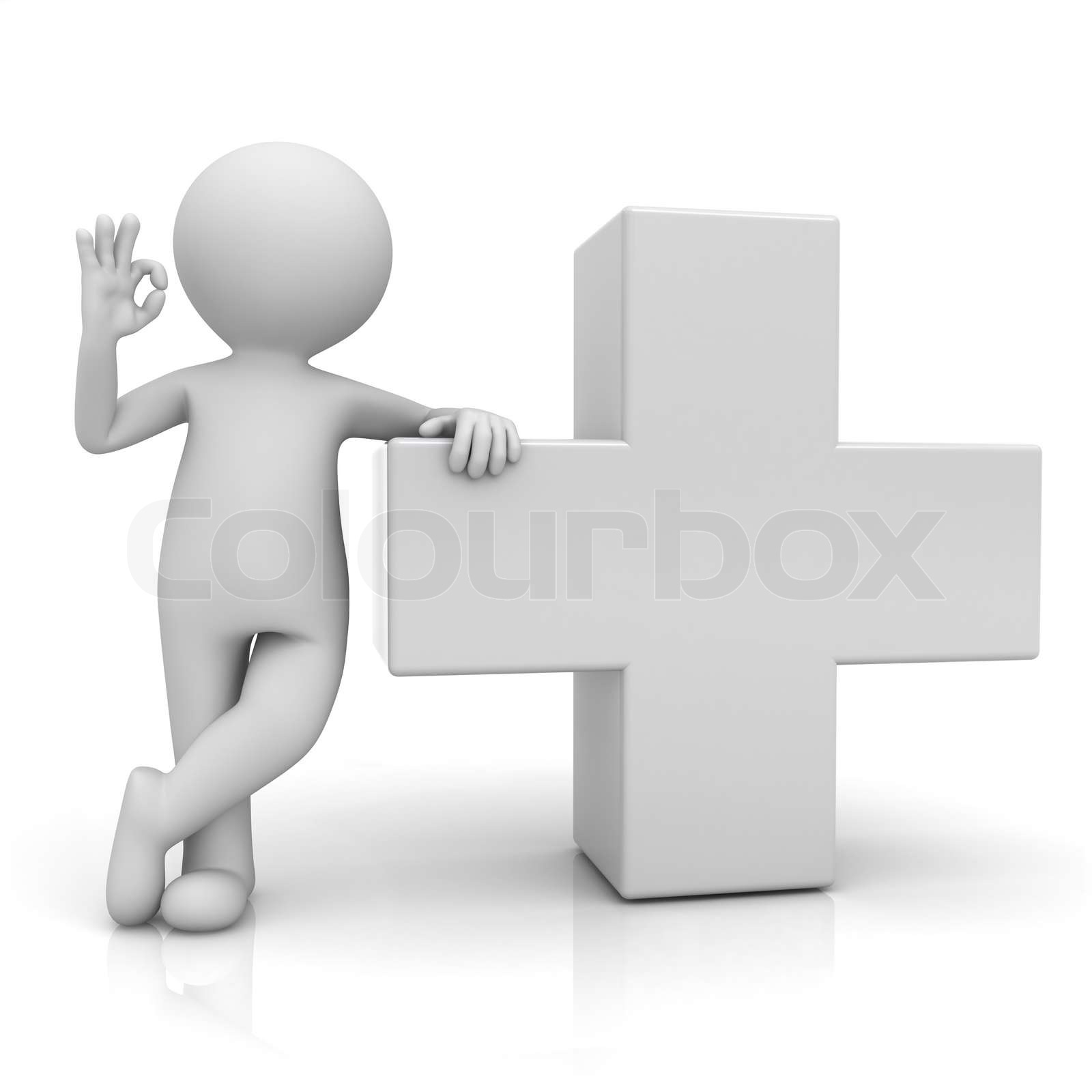 3d man showing okay gesture with white plus sign isolated over white ...