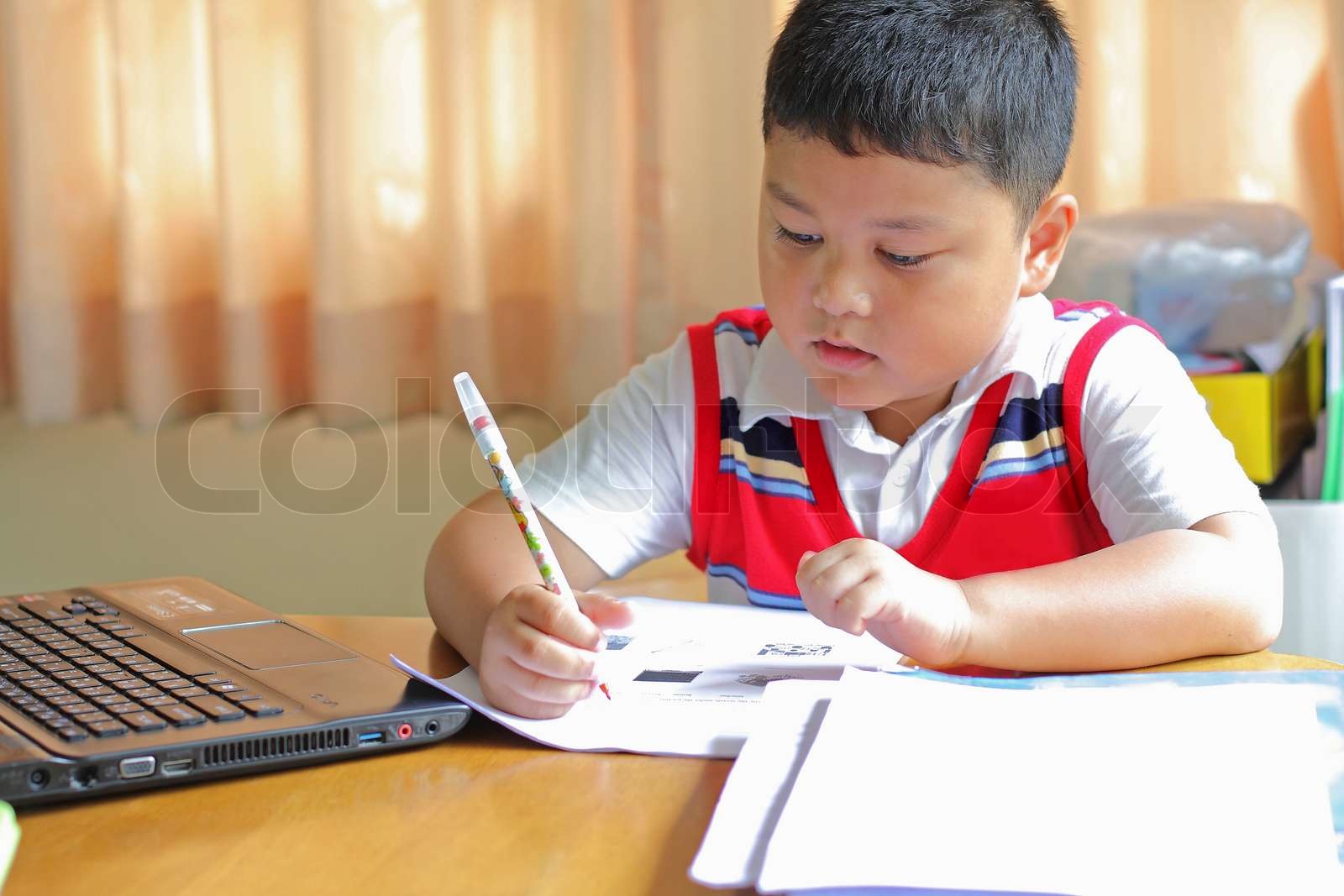 The boy work homework carefully | Stock image | Colourbox