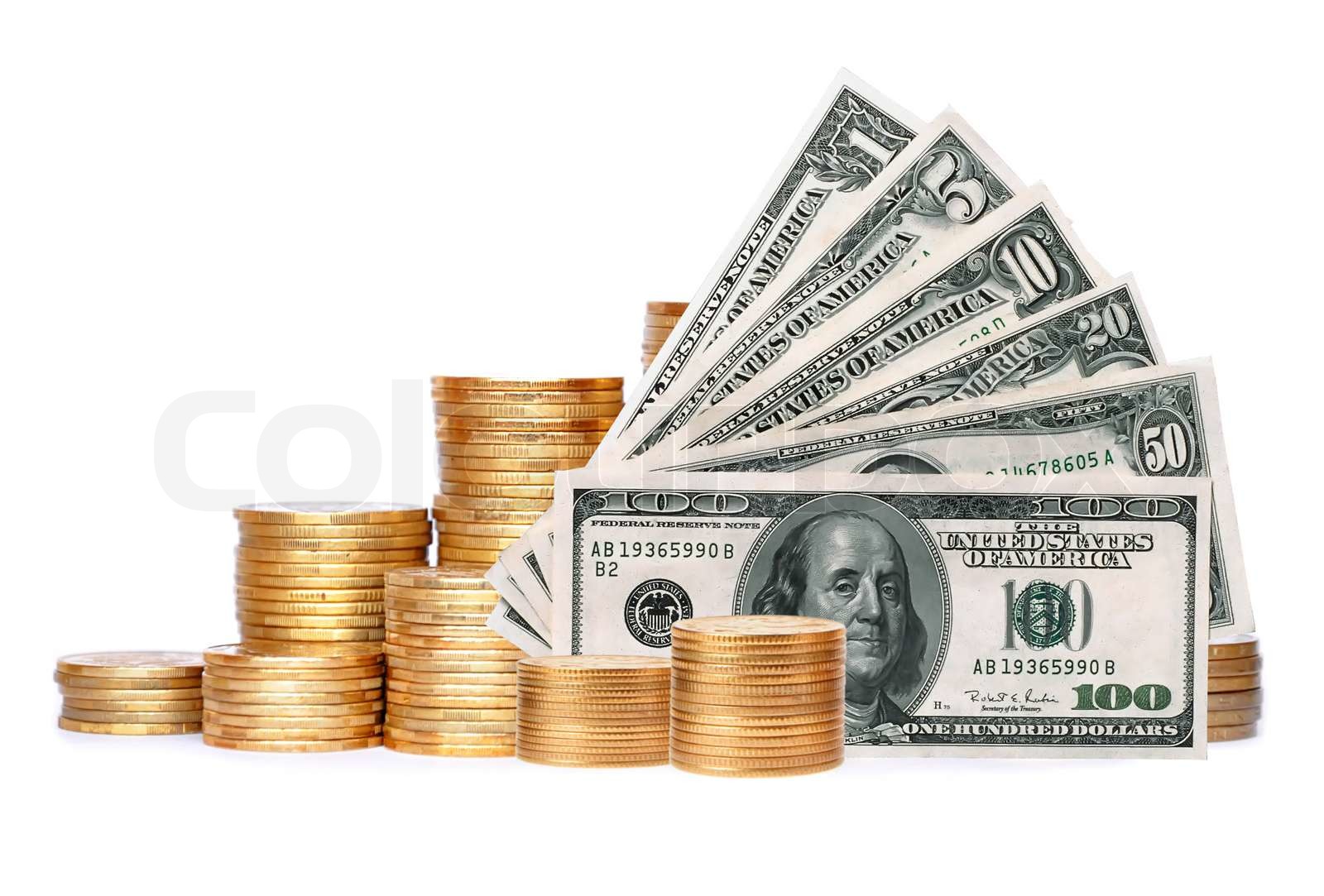 Many coins in column and dollars isolated on white | Stock image ...