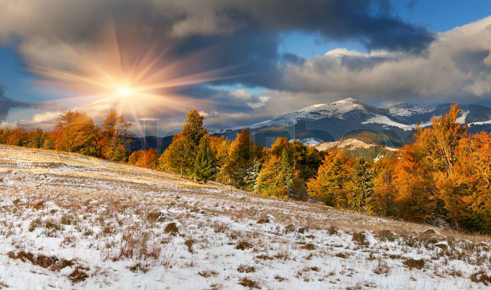 Bunte Herbstlandschaft in den Bergen Erste November Schnee | Stock Bild ...